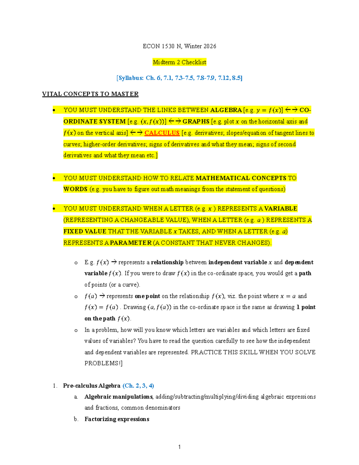 ECON 1530 N, Winter 2026 Midterm 2 Conceptual Checklist for Ch. 6, 7.1 ...