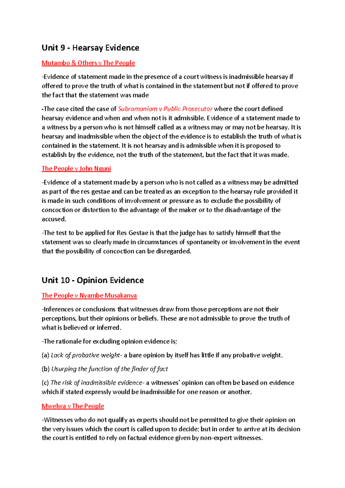 Evidence Law Case Studies (Unit 9 to Unit 14) - Summary & Analysis ...