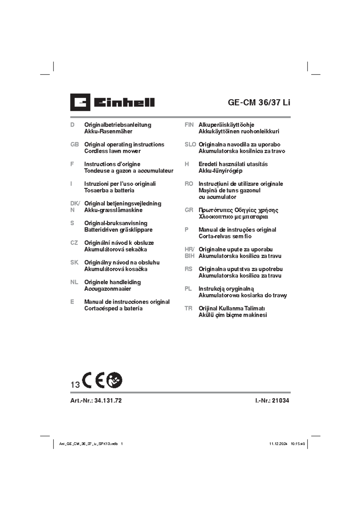 Li D Originalbetriebsanleitung: Akkukäyttöinen Rasenmäher SPK13 - Studocu