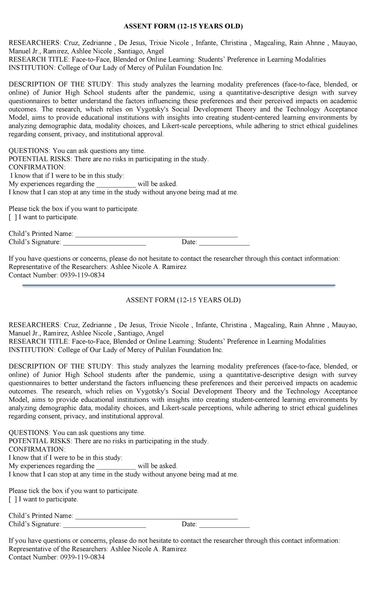 Assent Form for JHS Research on Learning Modality Preferences - Studocu