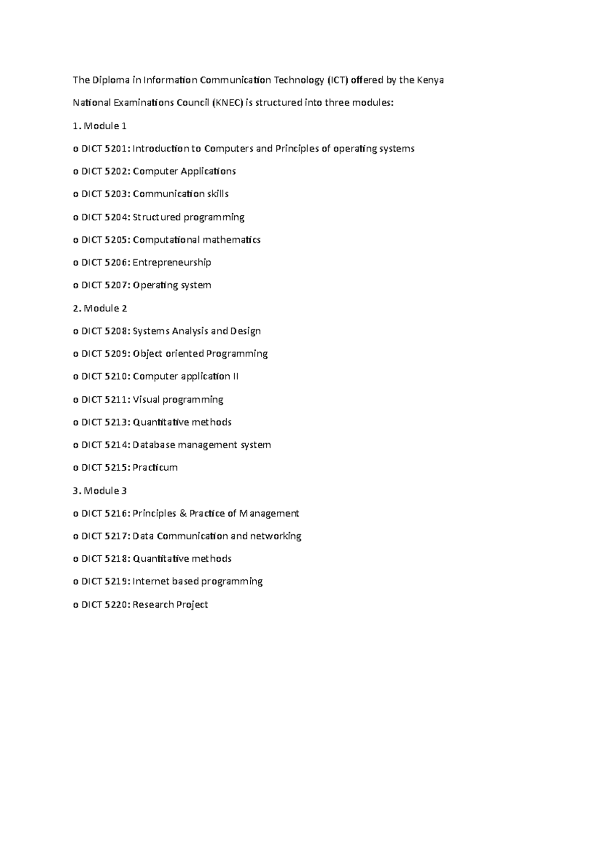Diploma in ICT: KNEC Modules and Course Code Overview - Studocu