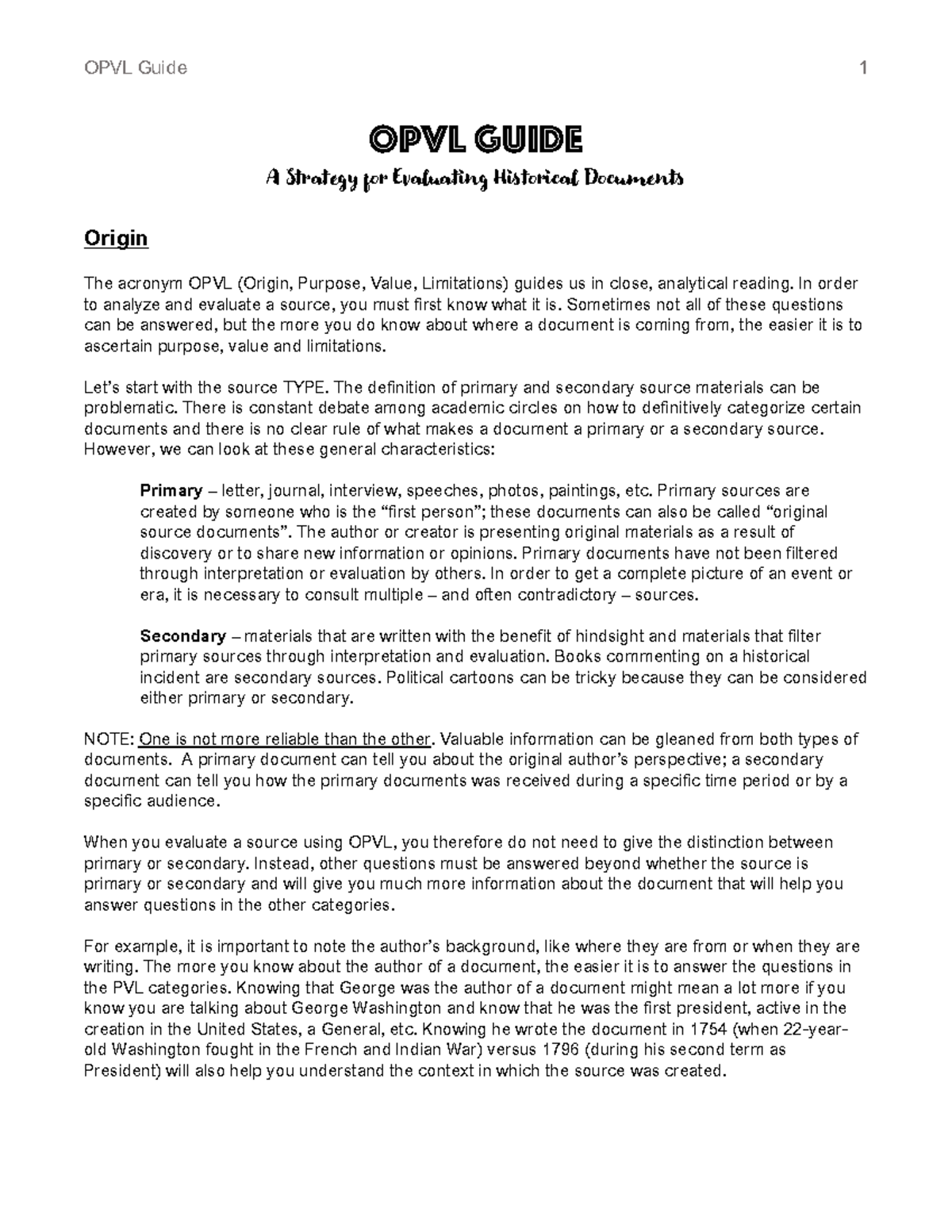 OPVL Guide for Evaluating Historical Sources Analysis - Studocu