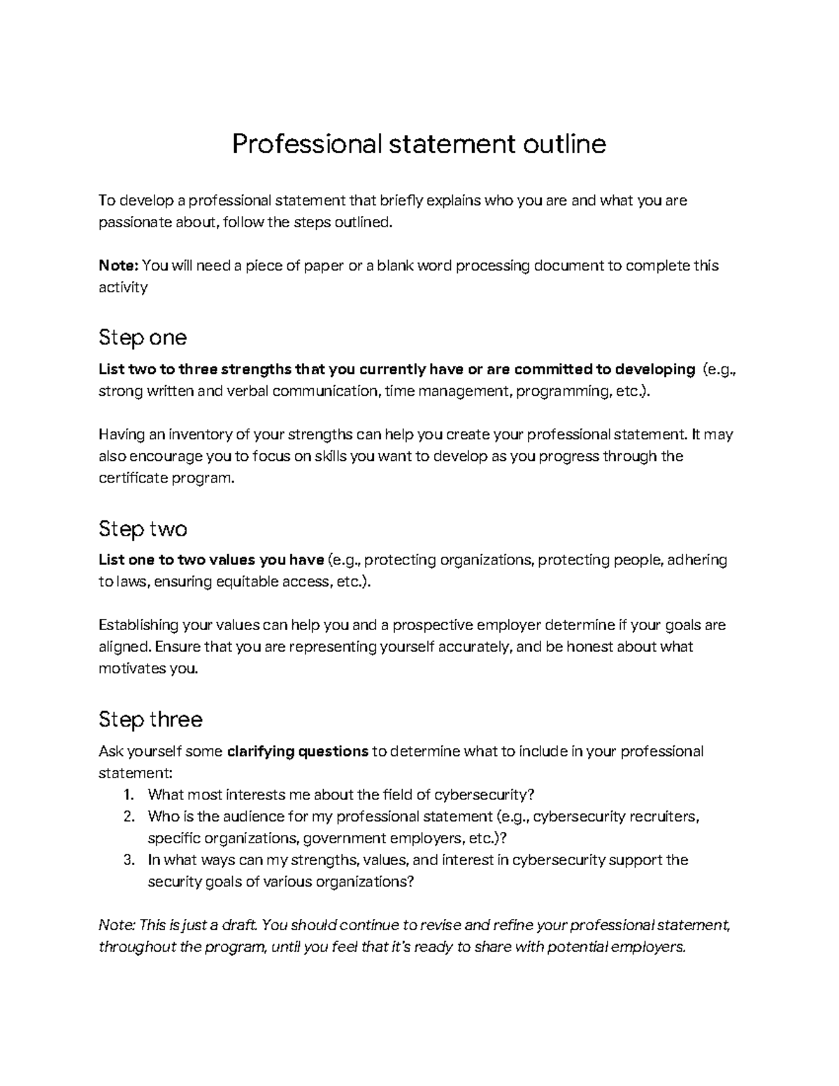 Professional Statement Outline for Cybersecurity Career Development ...
