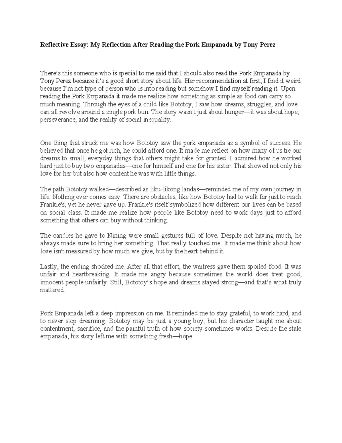 Reflective Essay: Insights from "Pork Empanada" by Tony Perez - Studocu