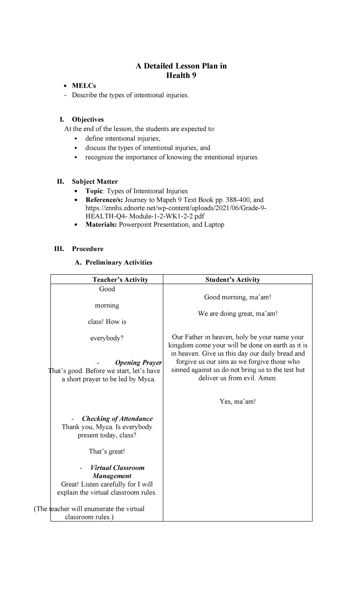 Health 9-2 Detailed Lesson Plan: Understanding Intentional Injuries ...
