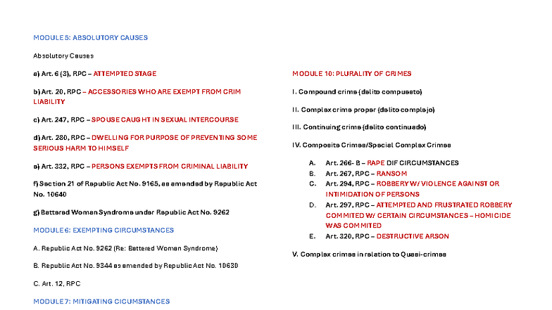 MODULE 5-10: Absolutory Causes & Plurality of Crimes Overview - Studocu