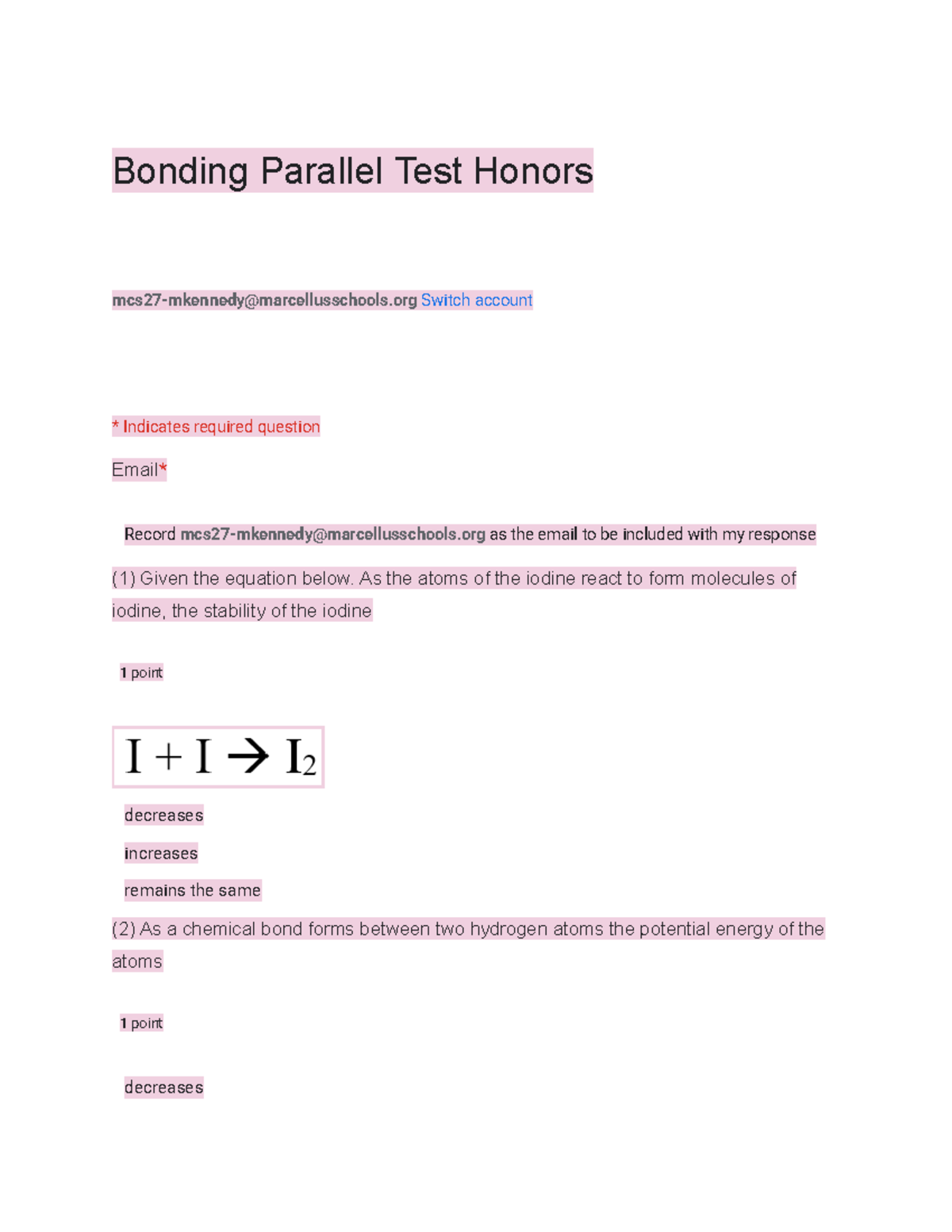 Bonding Parallel Test Honors: Key Concepts and Questions - Studocu