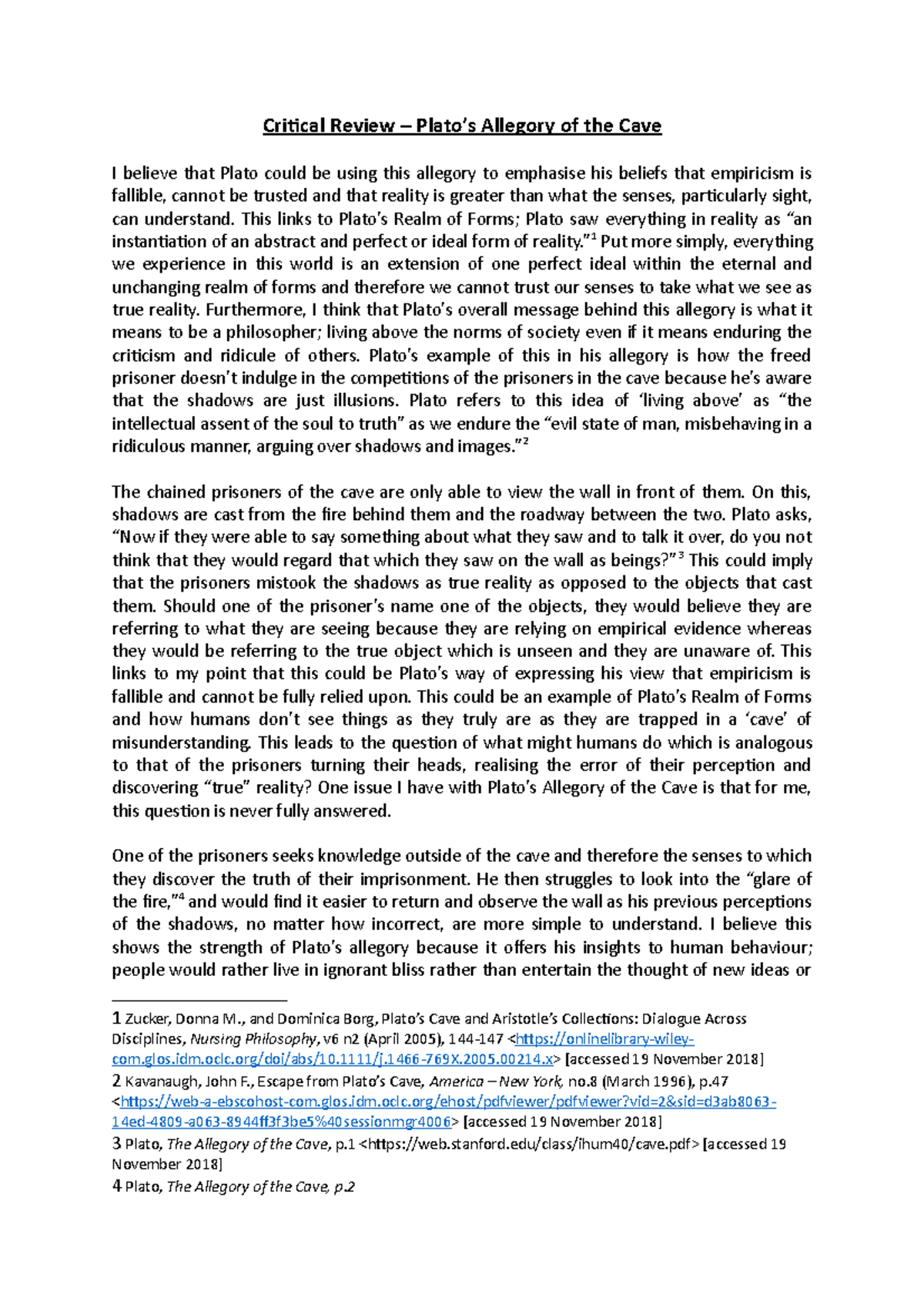 Critical Review: Insights from Plato's Allegory of the Cave - Studocu