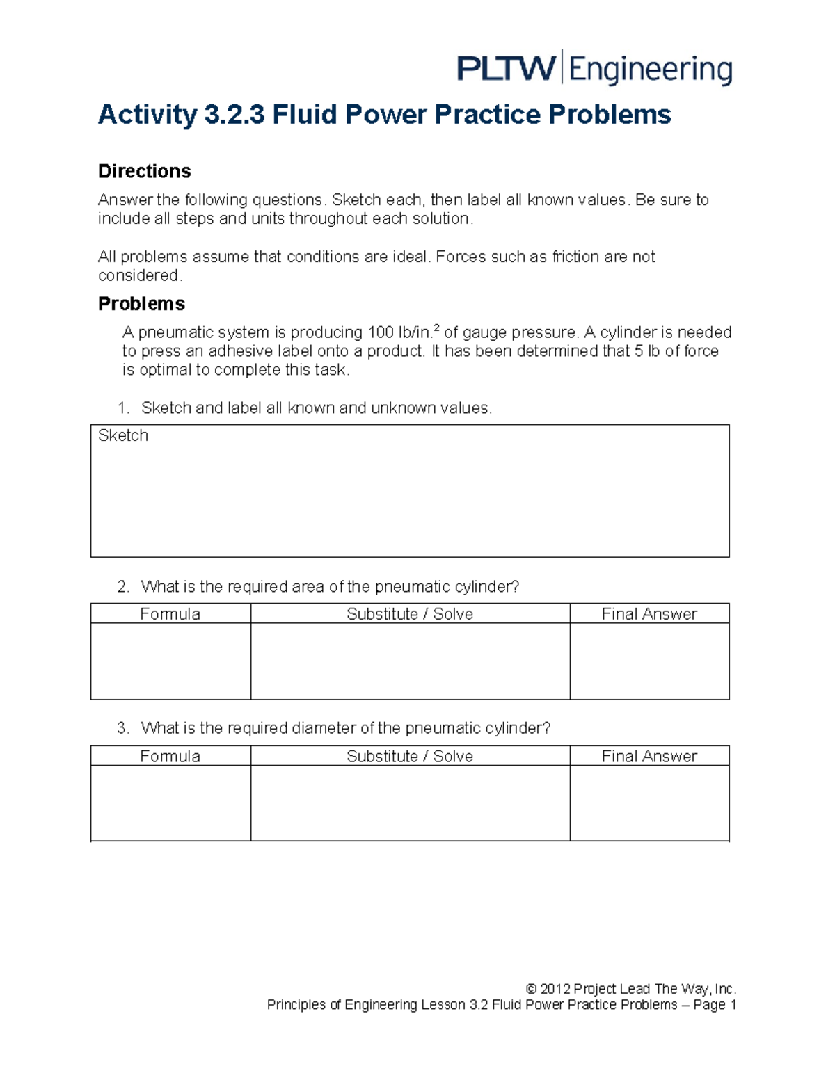 Fluid Power Practice Problems: Activity 3.2.3 Solutions and Sketches ...