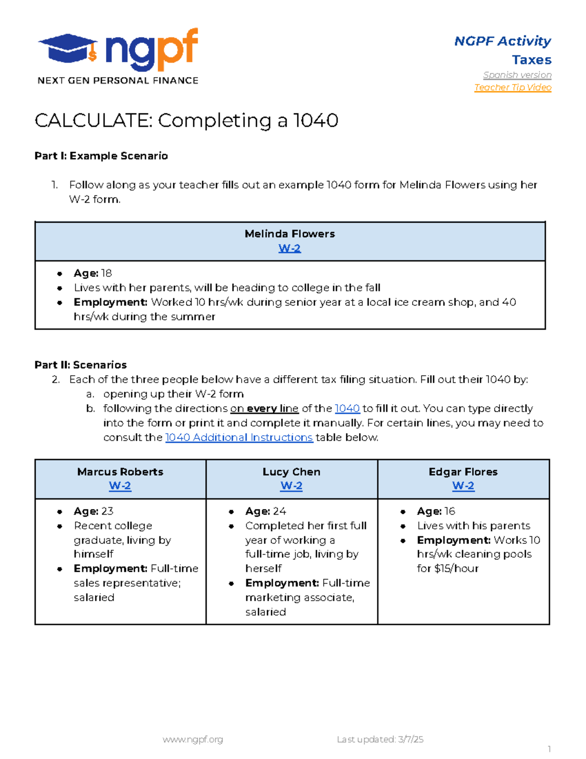 Calculate Completing a 1040 Form for Tax Filing Scenarios - NGPF 2025 ...