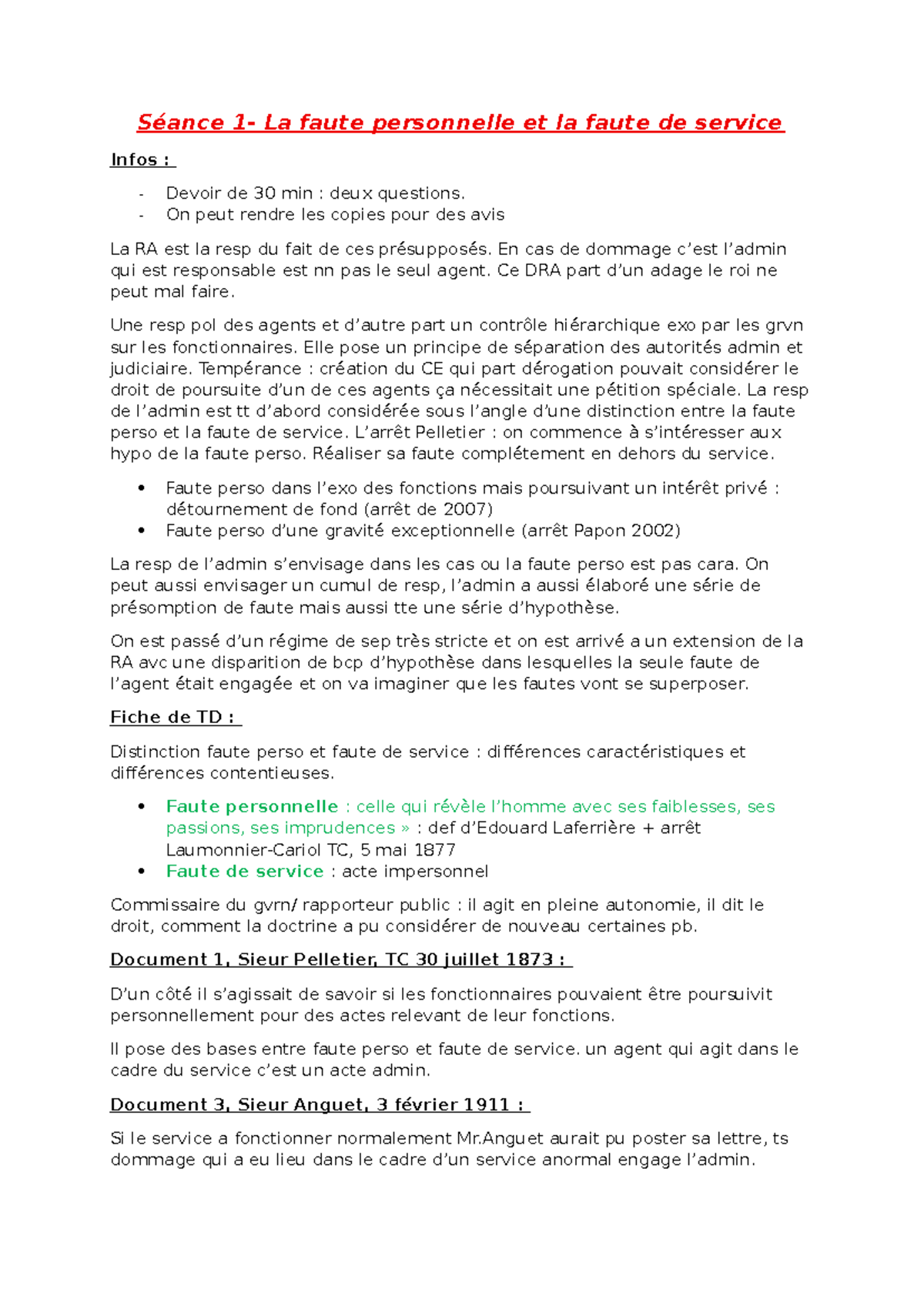 Séance 1 : Distinction entre Faute Personnelle et Faute de Service ...