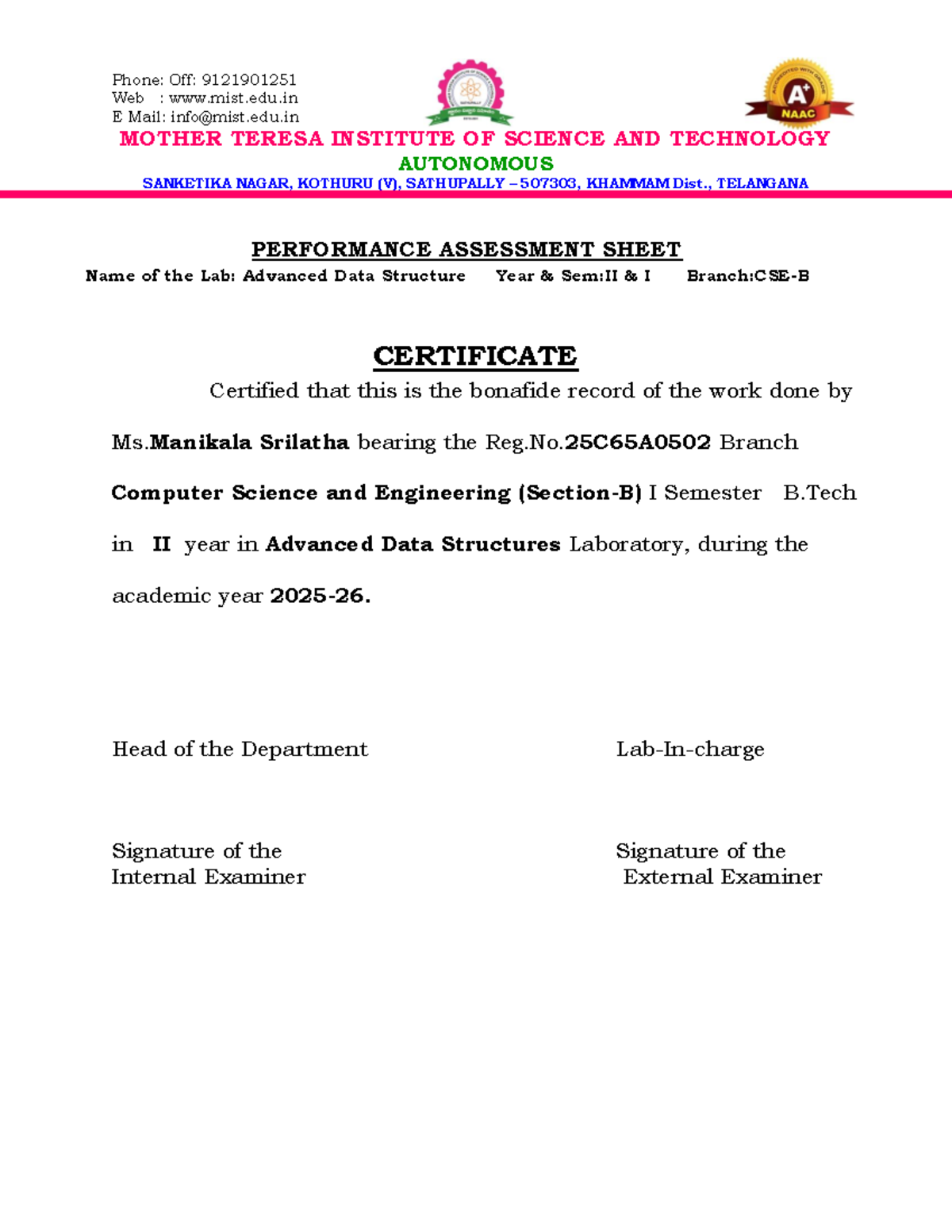 Performance Assessment Sheet for Advanced Data Structures Lab (CSE II ...