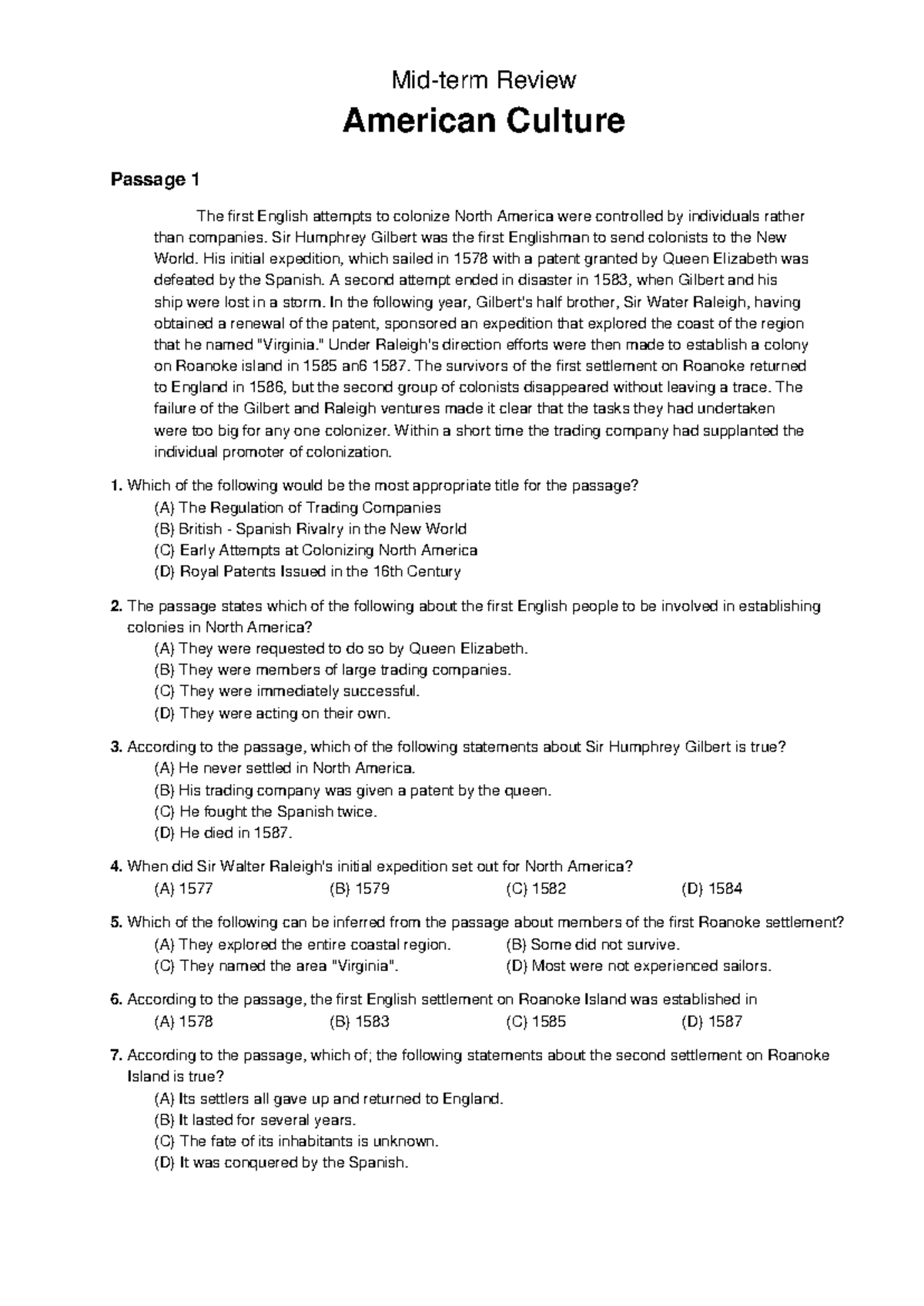 American Culture - Mid-term Review American Culture Passage 1 The first ...