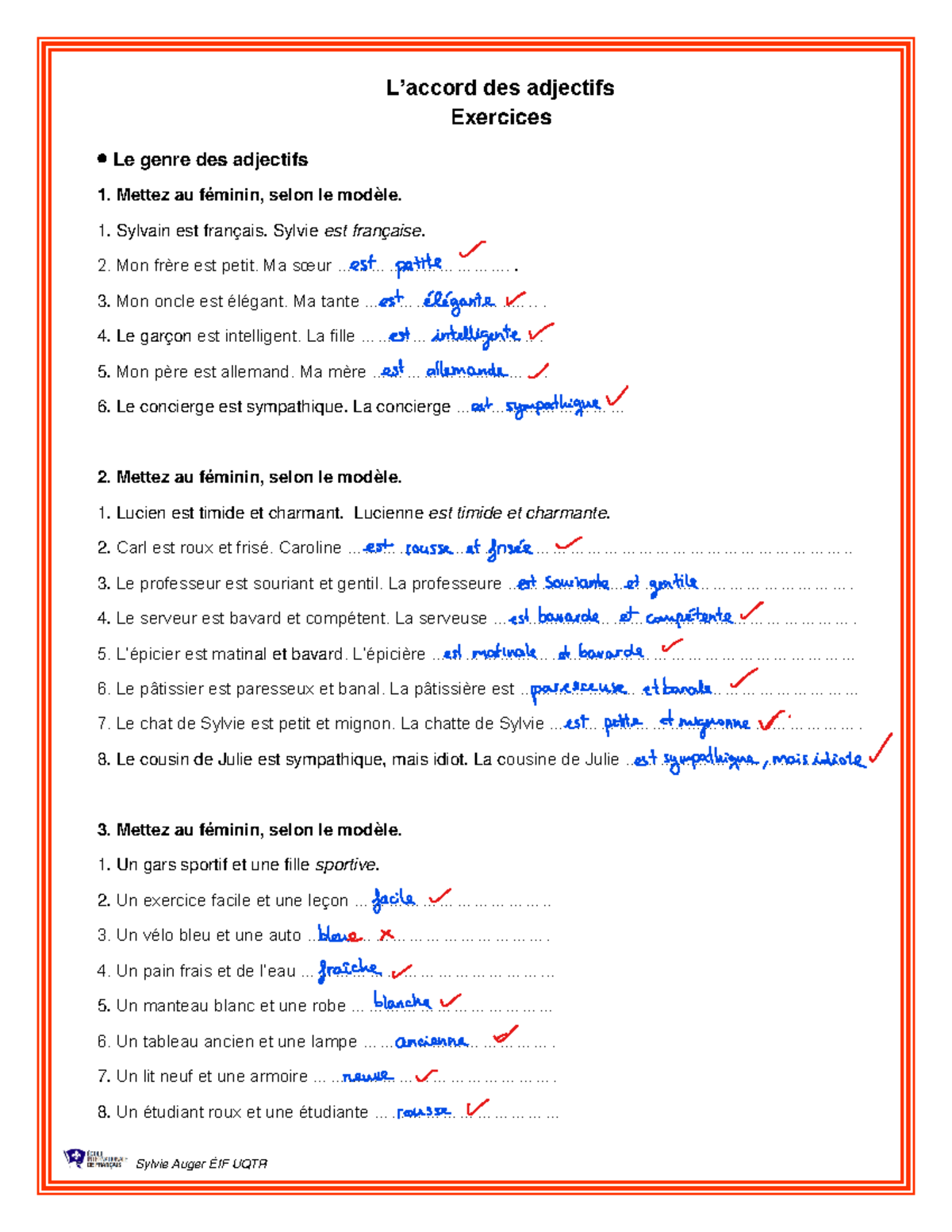 Le genre et le pluriel des adjectifs - Exercices et corrigé ÉIF UQTR ...