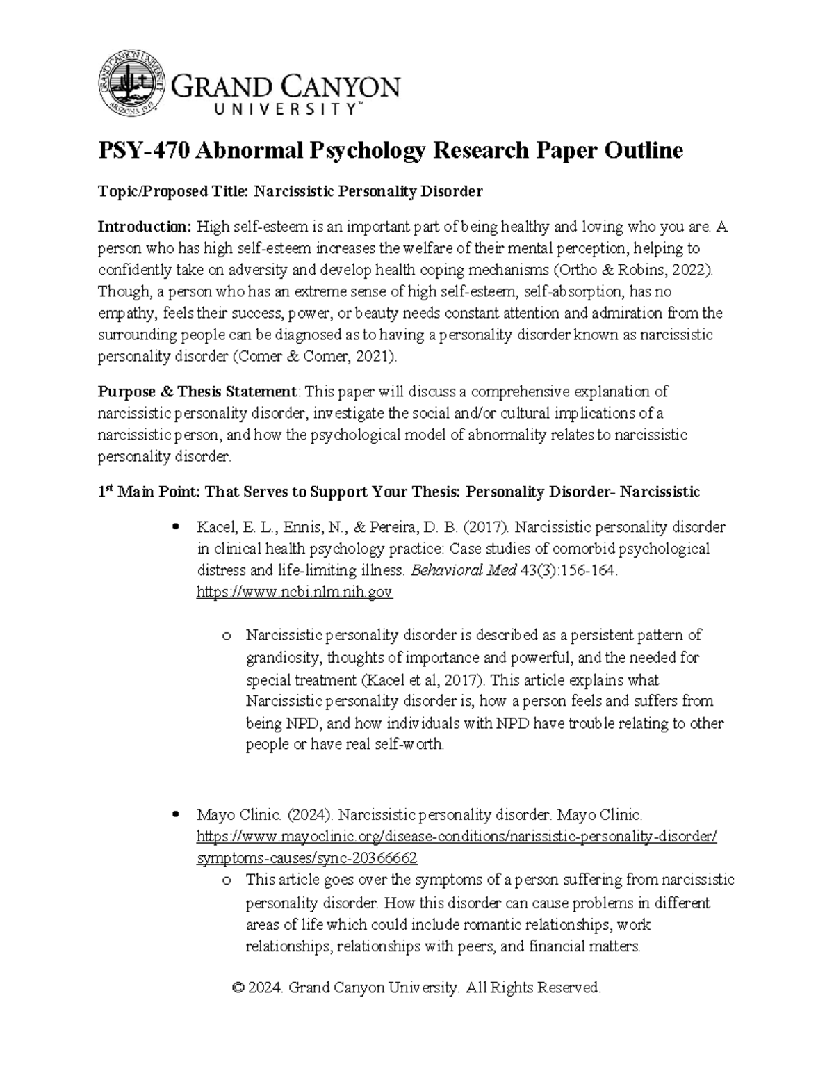 PSY-470 Narcissistic Personality Disorder Research Paper Outline - Studocu