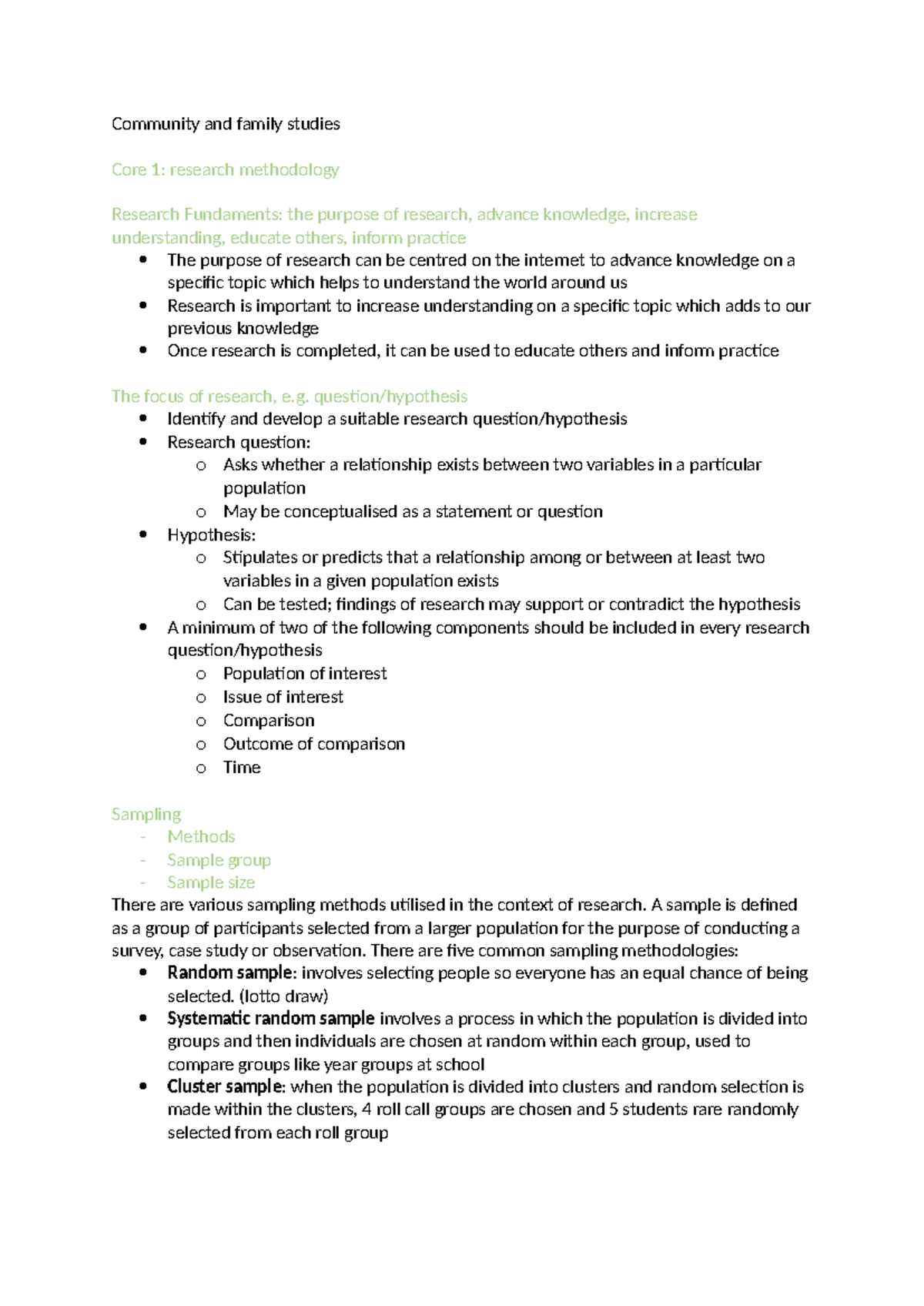 HSC CAFS study notes - Community and family studies Core 1: research ...