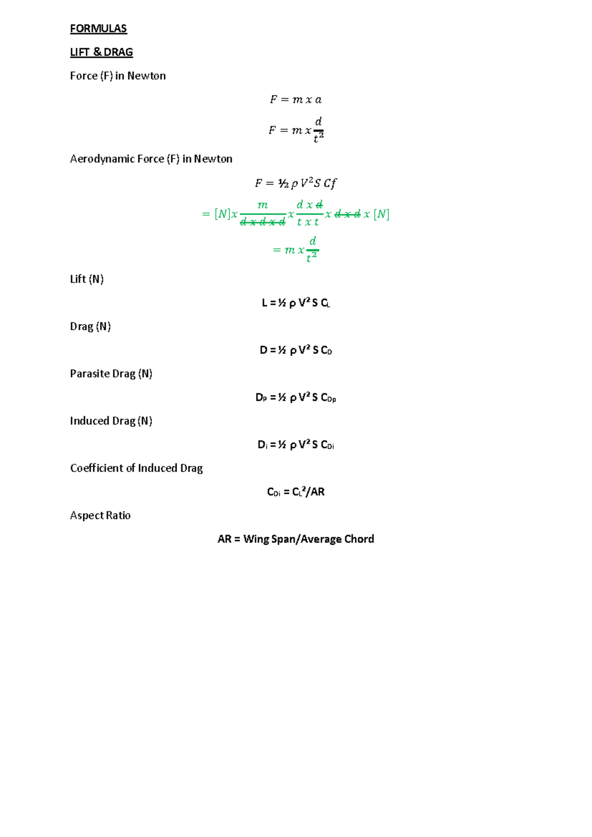 Lift and Drag Formulas for Flight Mechanics (Course Code: AER101) - Studocu