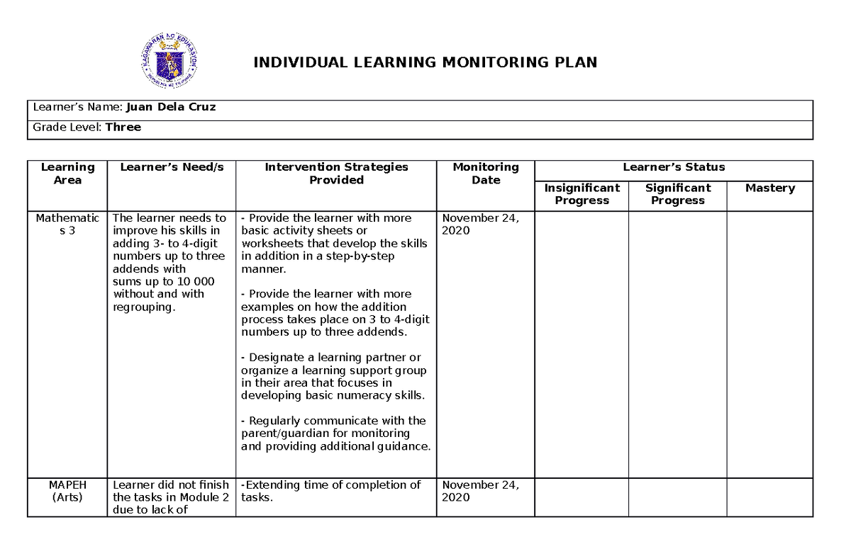ILMP Sample - INDIVIDUAL LEARNING MONITORING PLAN Learner’s Name: Juan ...