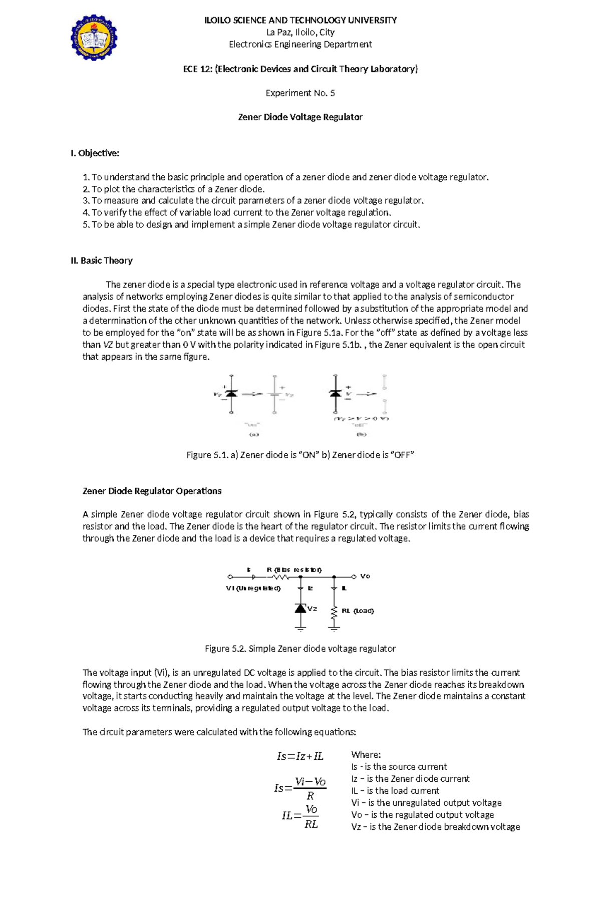 ECE 12: Zener Diode Voltage Regulator Lab Report - Studocu