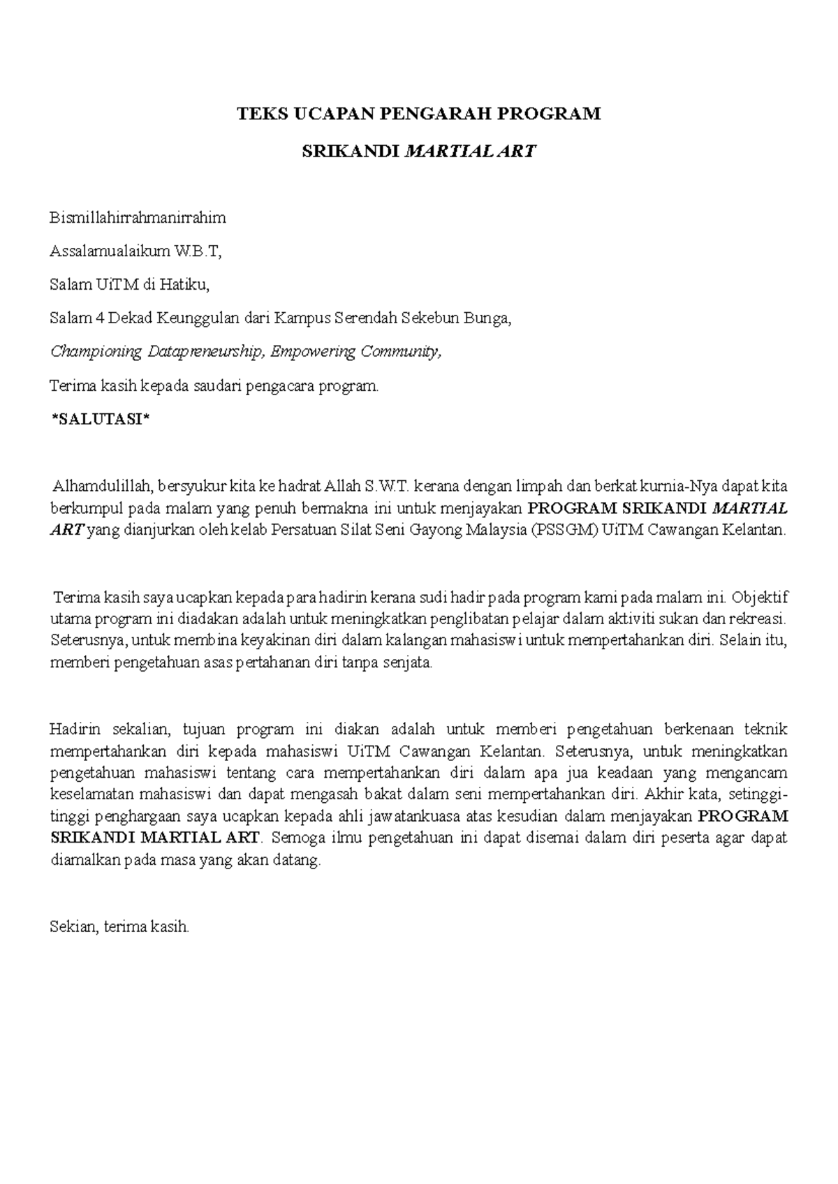 TEKS UCAPAN PROGRAM SRIKANDI MARTIAL ART UiTM Kelantan - Studocu