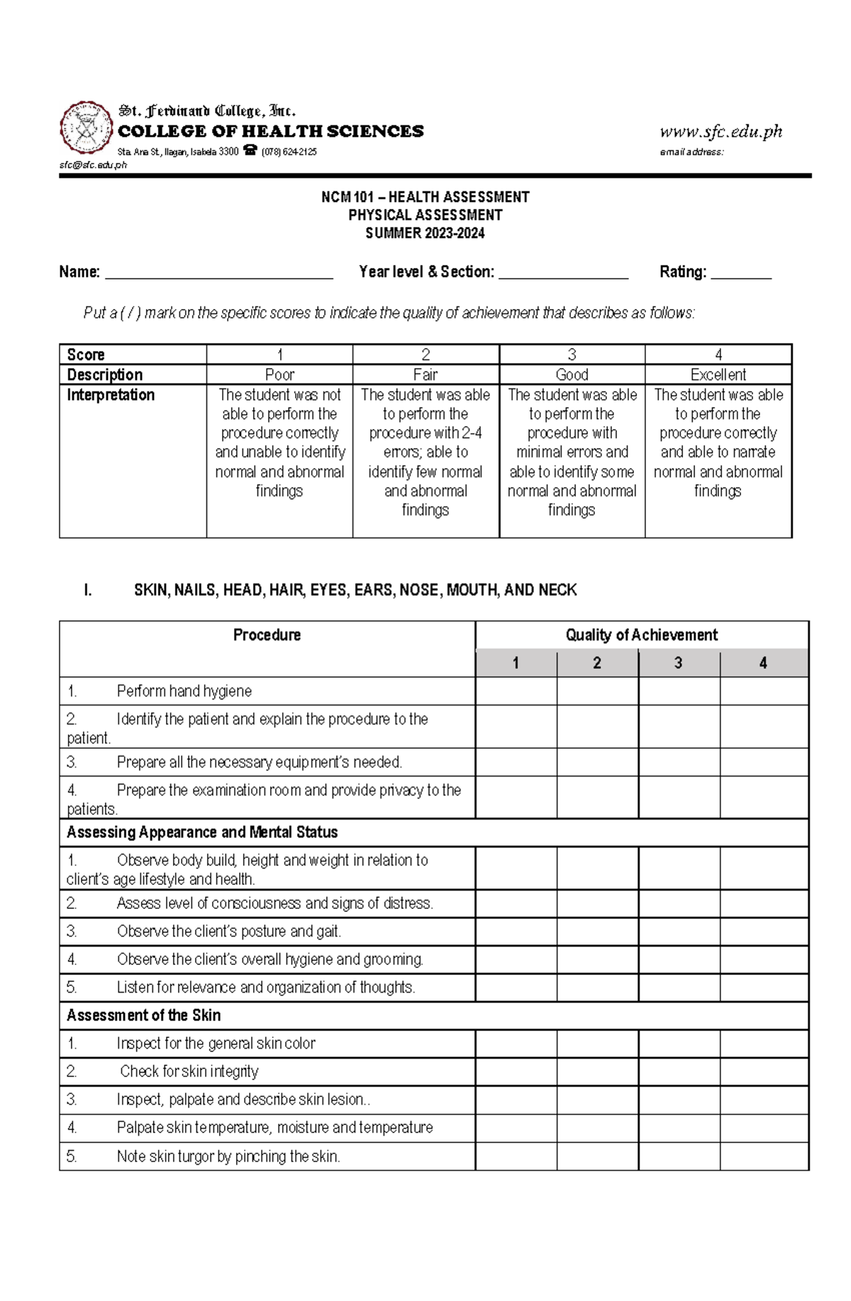 NCM 101 health assessment physical assessment summer evaluation form - Studocu