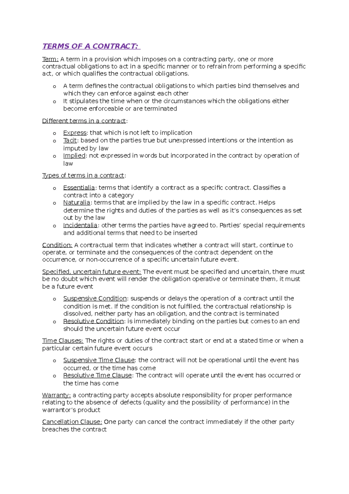 Lecture 8 - Terms of a contract - COMMERCIAL LAW 1A 2023 TERMS OF A ...