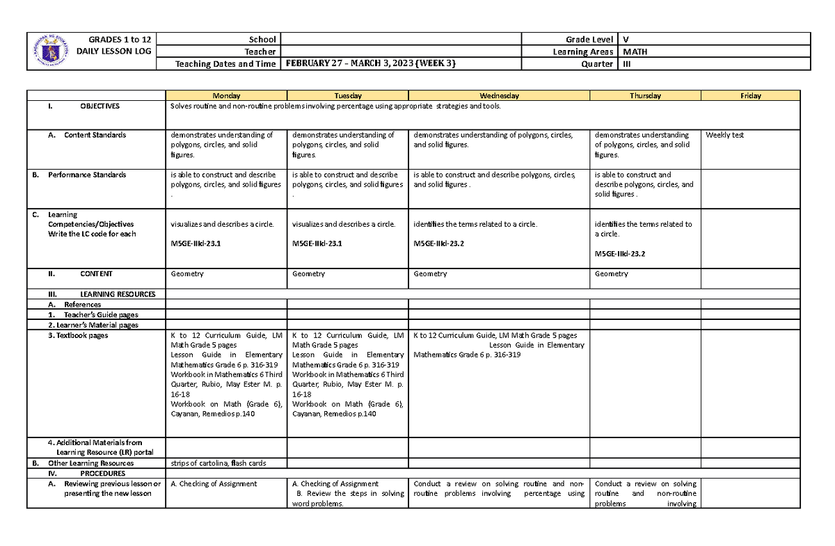 Grade 5 DLL MATH 5 Q3 Lesson Plan for Week 3 on Percentages - Studocu