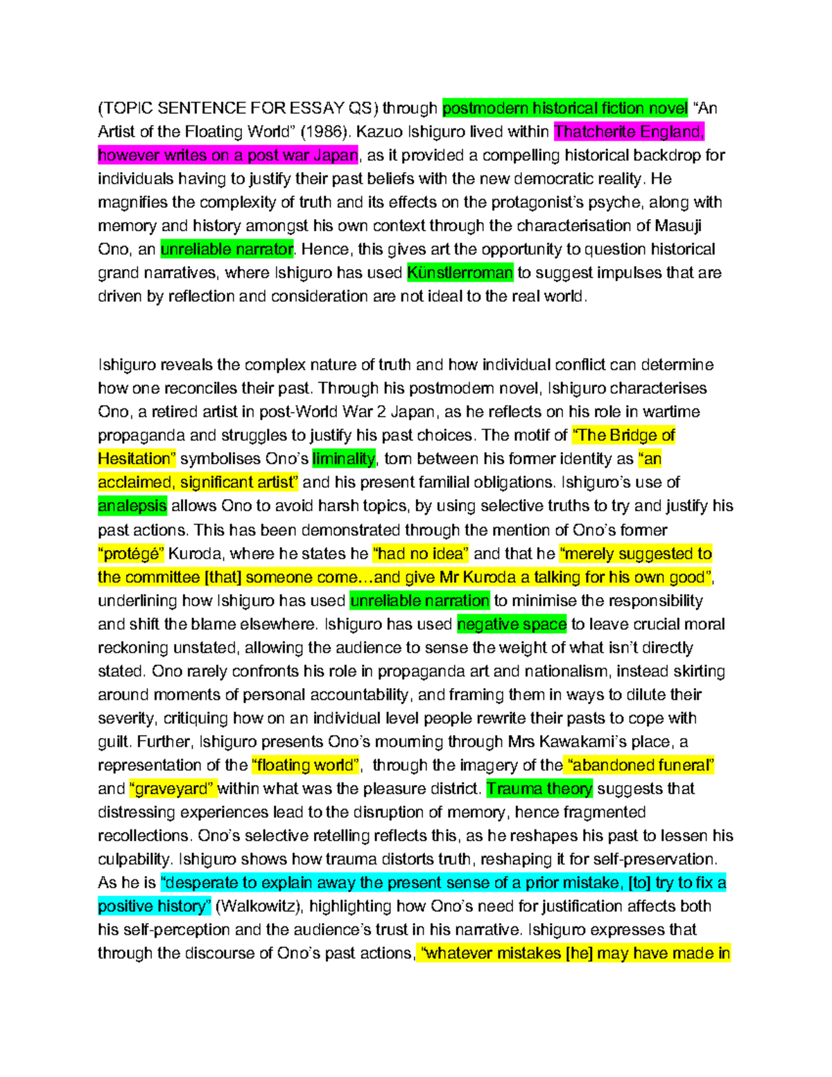 Mod B Essay - Kazuo Ishiguro: Exploring Truth in "Artist of the ...