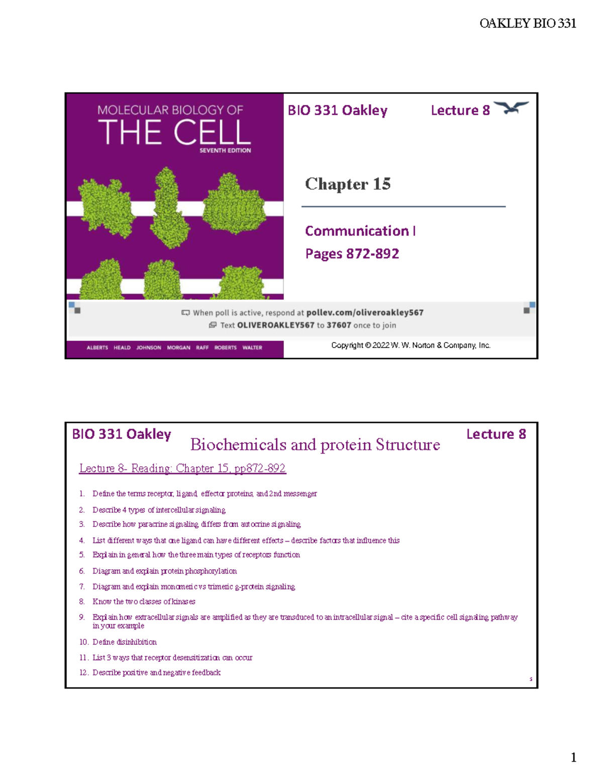 BIO 331: Lecture 8 - Chapter 15 Overview of Cell Communication - Studocu