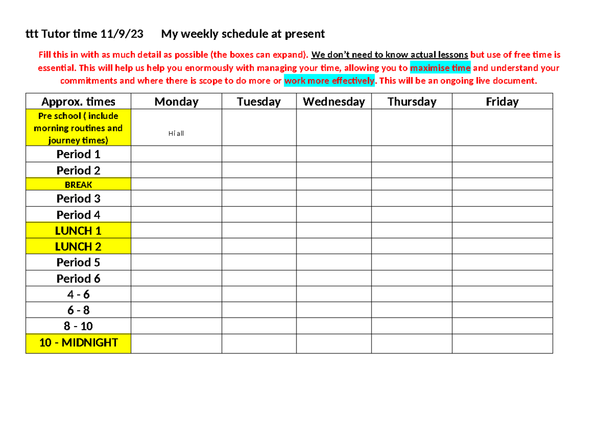 ETT 11 Sept Time Management my weekly schedule - ttt Tutor time 11/9/23 ...