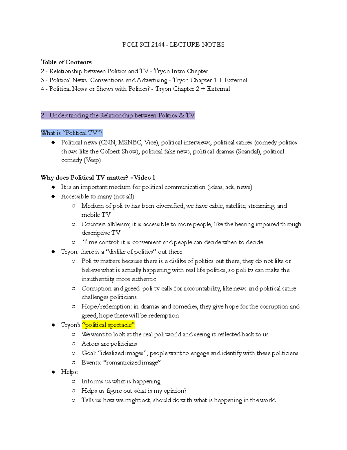 POLI SCI 2144 - Lecture Notes on Politics and Television Dynamics - Studocu