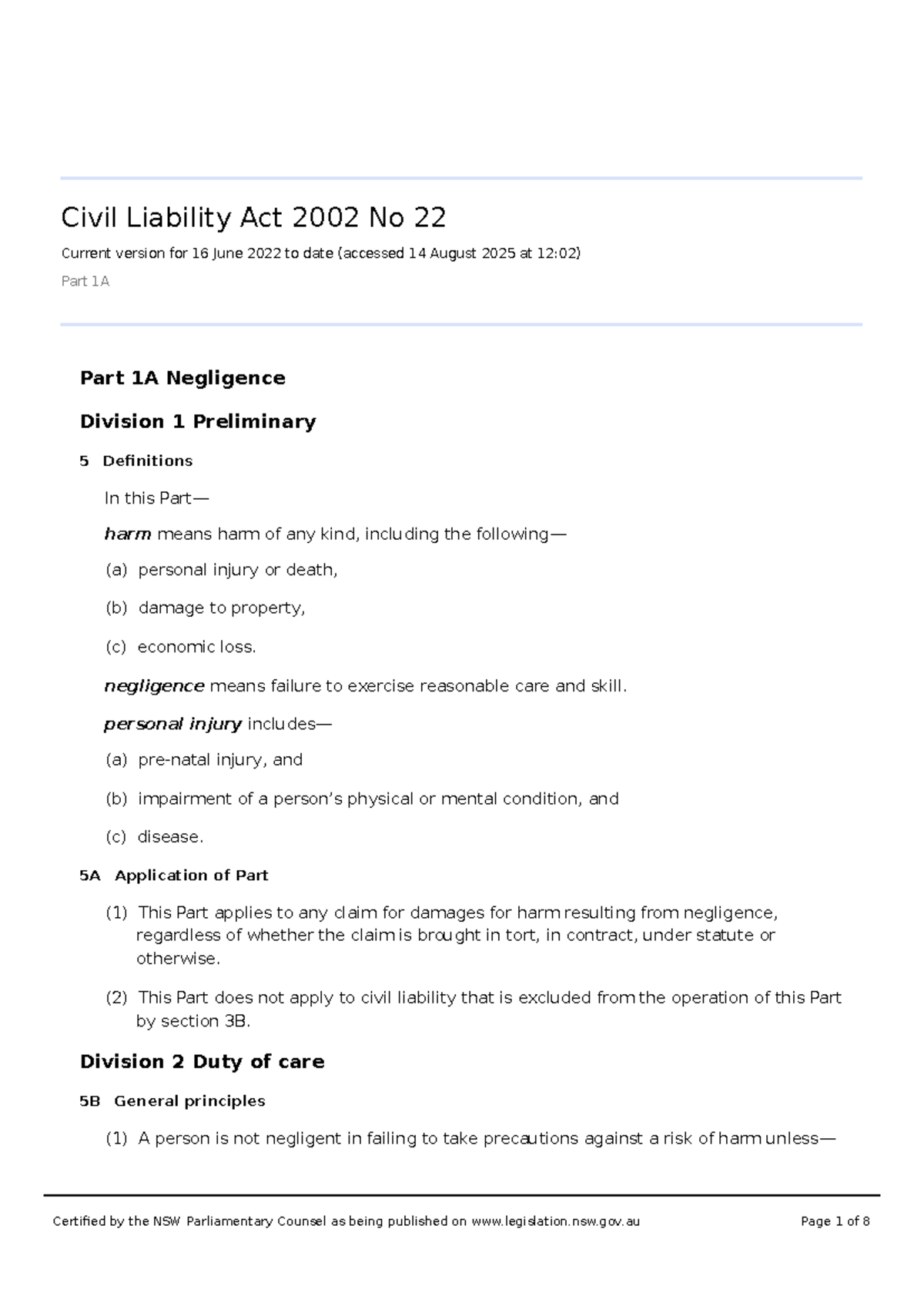 CLA 2002 No 22 - Civil Liability Act Overview and Key Principles - Studocu