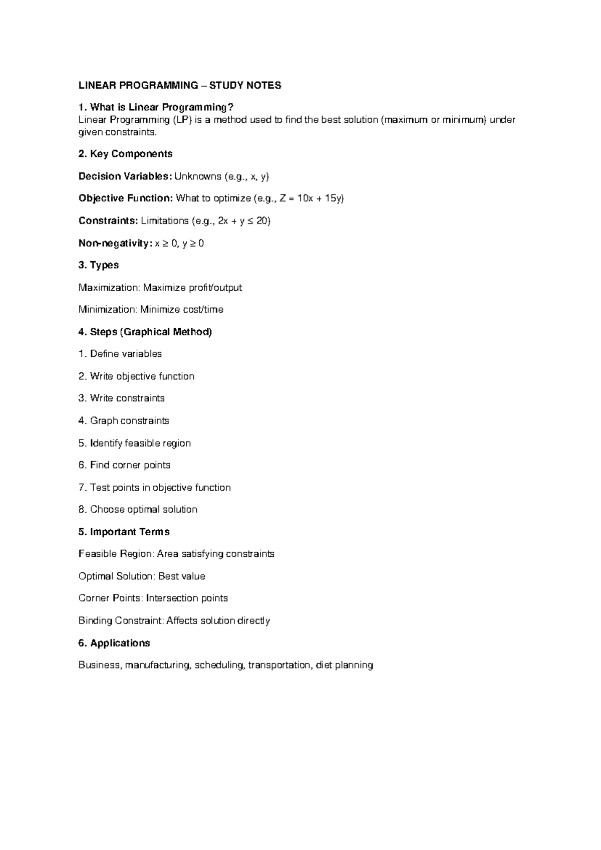 LINEAR PROGRAMMING STUDY NOTES: Key Concepts & Applications - Studocu
