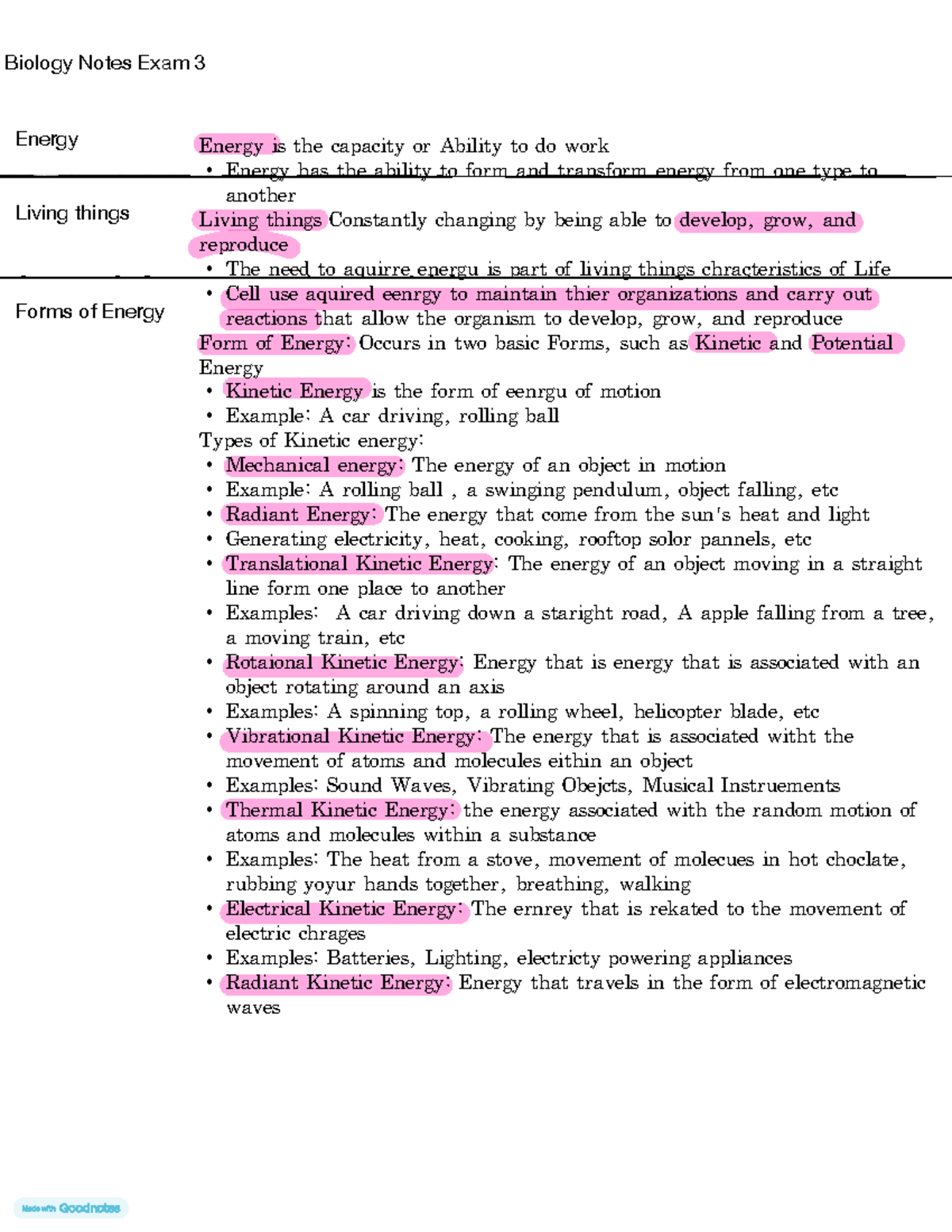 Biology Exam 3 Notes: Energy Concepts and Forms - Biology Notes Exam 3 ...