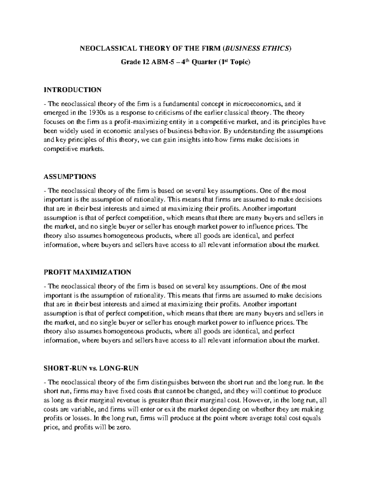 Neoclassical Theory of the Firm (BUSINESS ETHICS) - Grade 12 ABM-5 ...