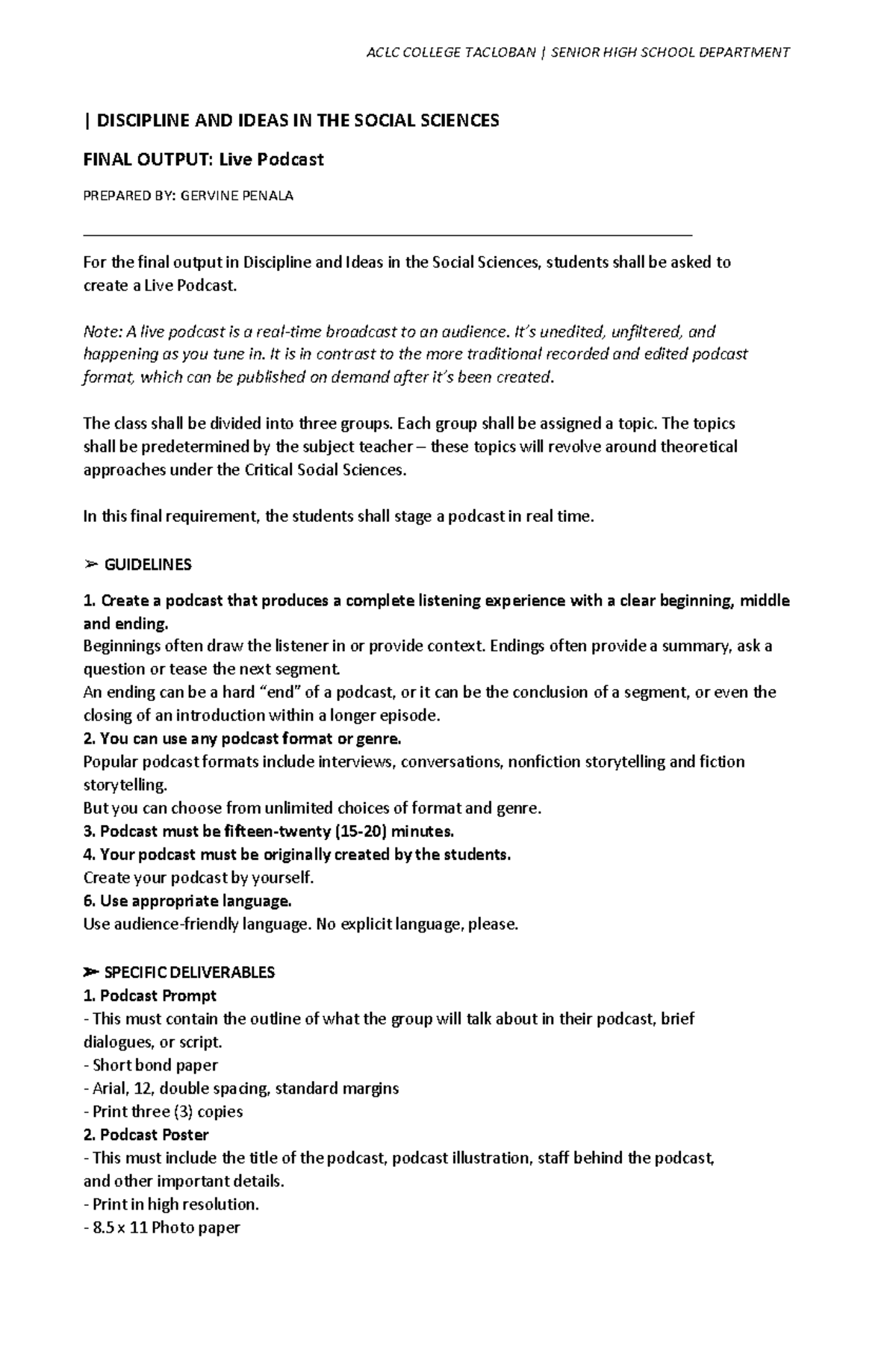 Final Output: Live Podcast Project for DISS Class - Studocu