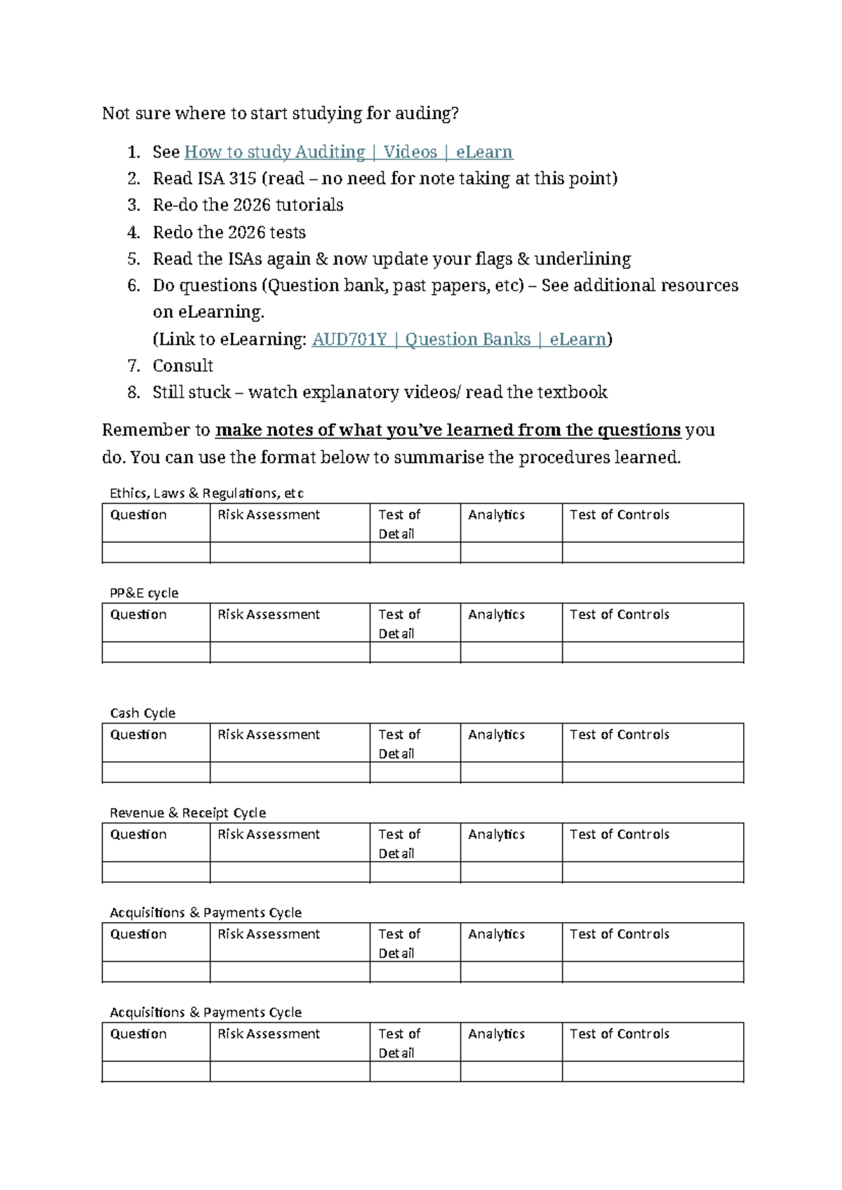 AUD701Y Study Notes: Preparing for Auditing Assessments - Studocu