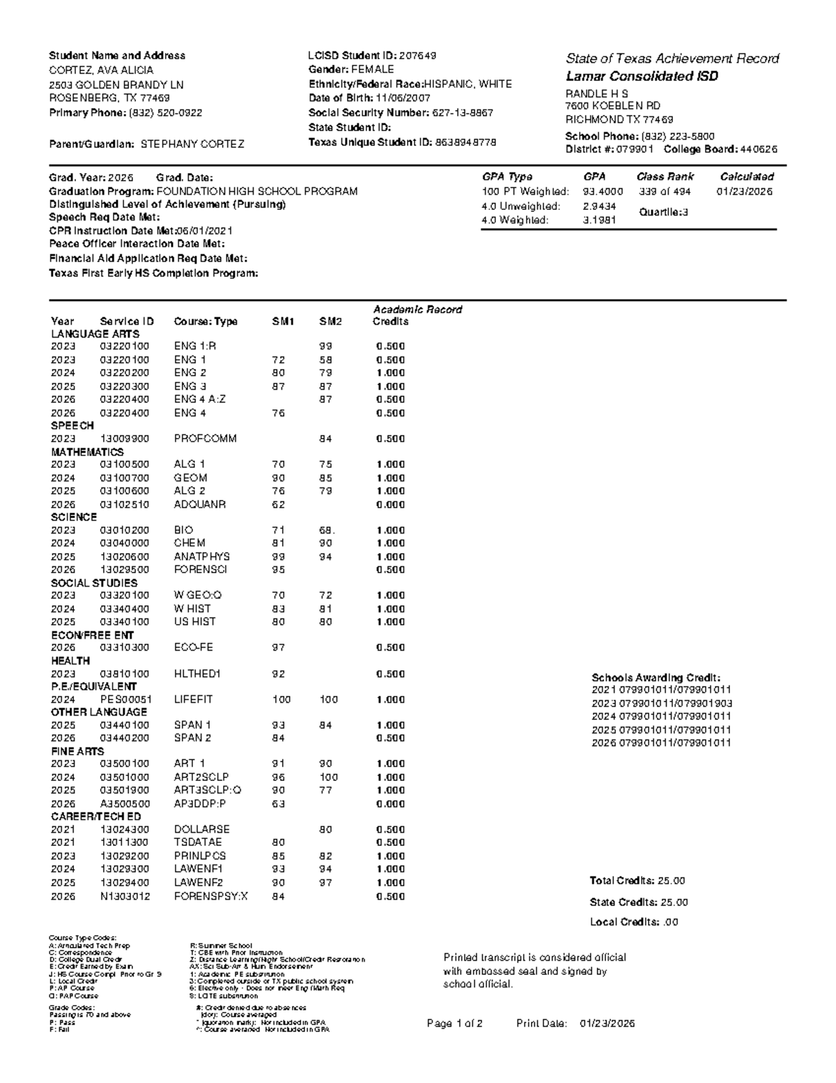 Student Academic Record - LCISD 2026 - Studocu