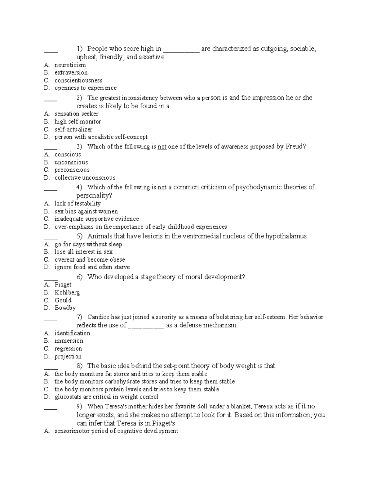 MCQs test four for psychology 101: personality and development - Studocu