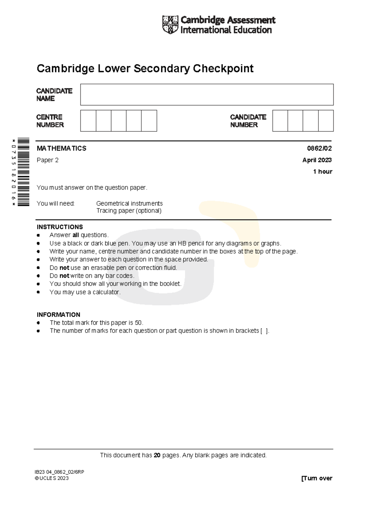 Cambridge Lower Secondary Checkpoint Mathematics Paper 2 - April 2023 ...