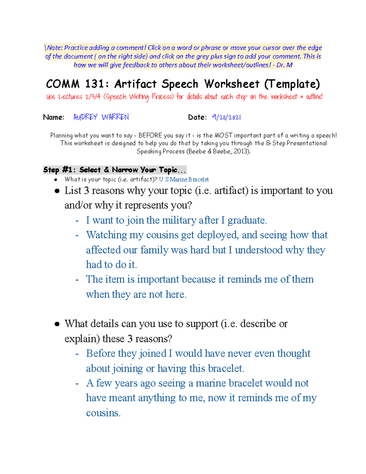 Artifact Speech Worksheet Outline (1) - \Note: Practice adding a ...
