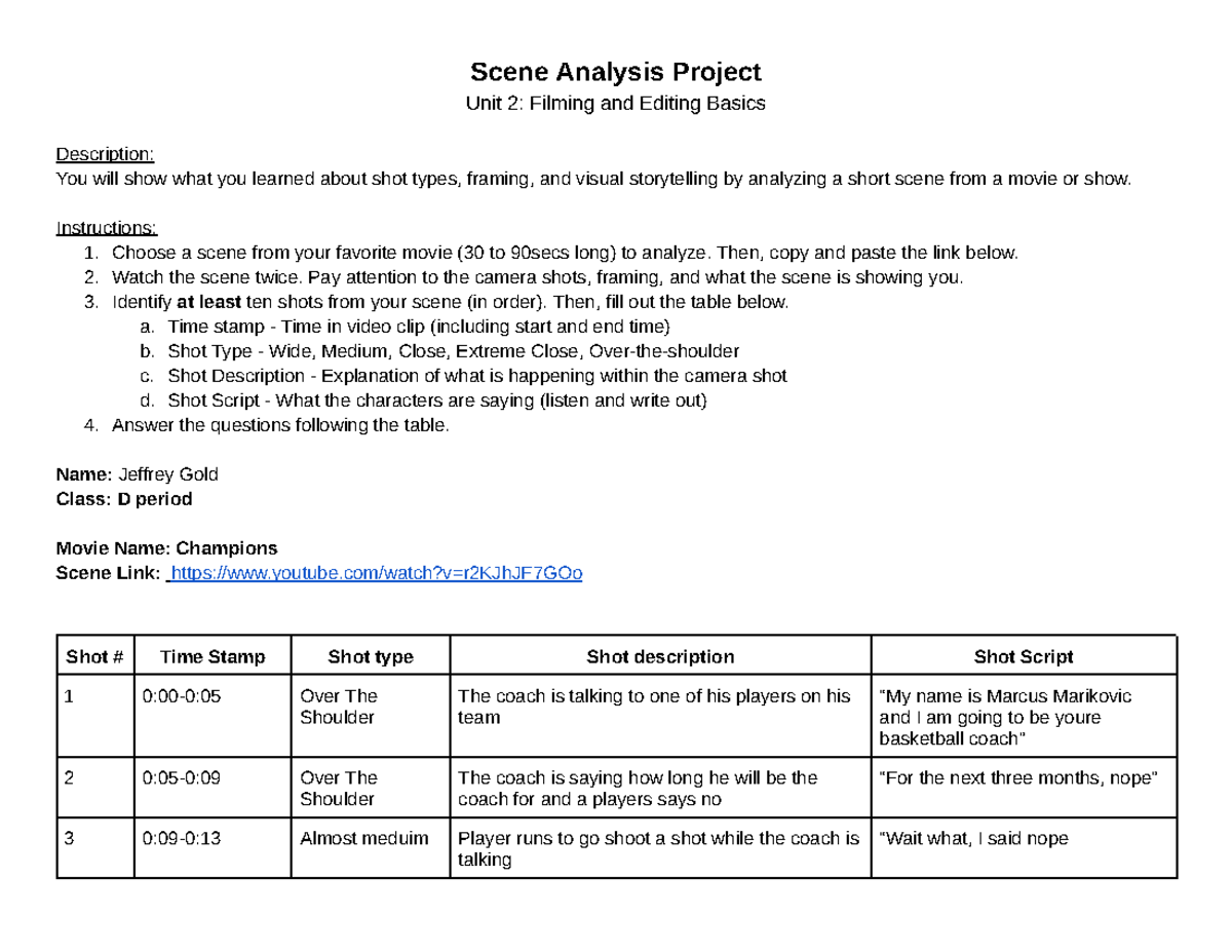 JG Scene Analysis Project Unit 2: Filming & Editing Basics - Studocu
