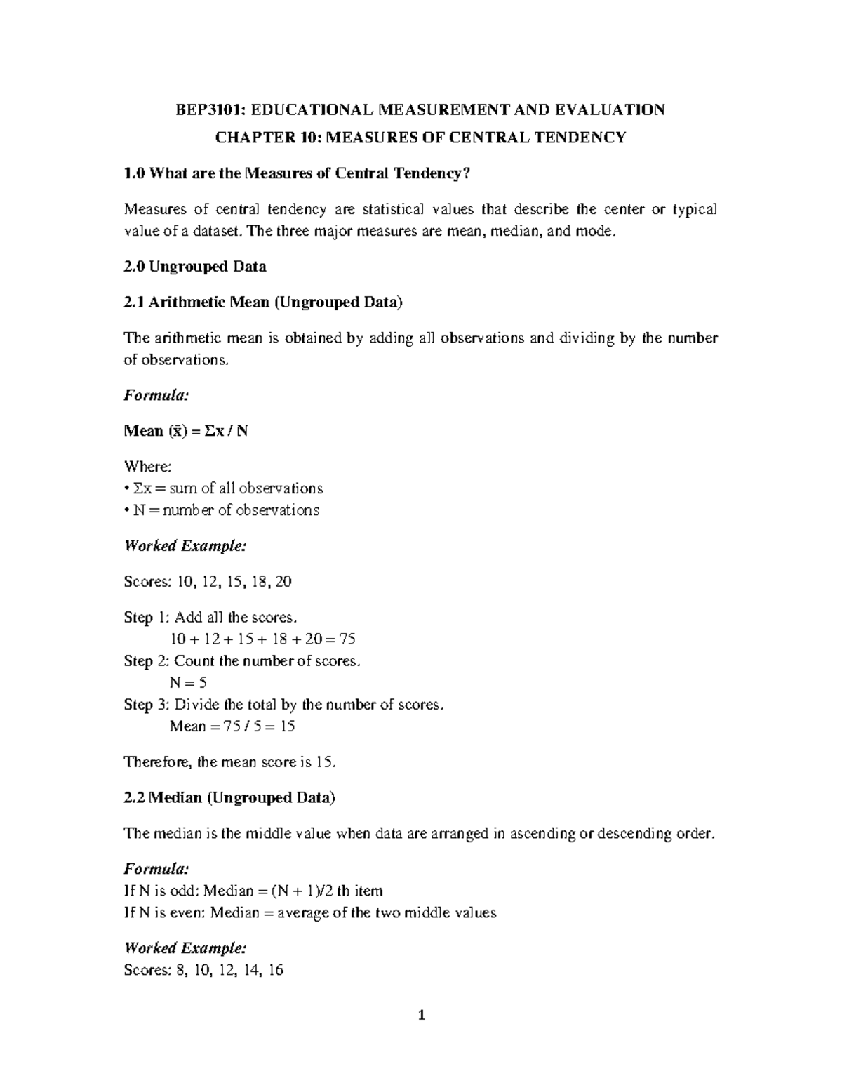 BEP3101: Educational Measurement & Evaluation Lecture 10 Notes on ...