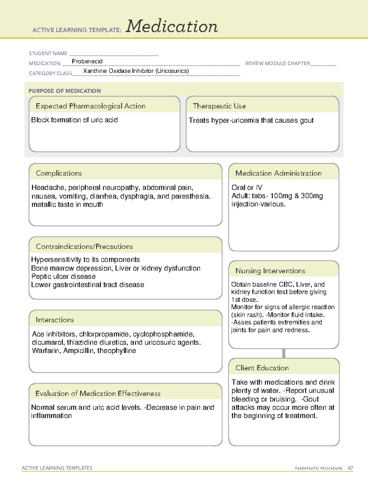 ATI Probenecid Medication Sheet for Therapeutic Procedures - Studocu