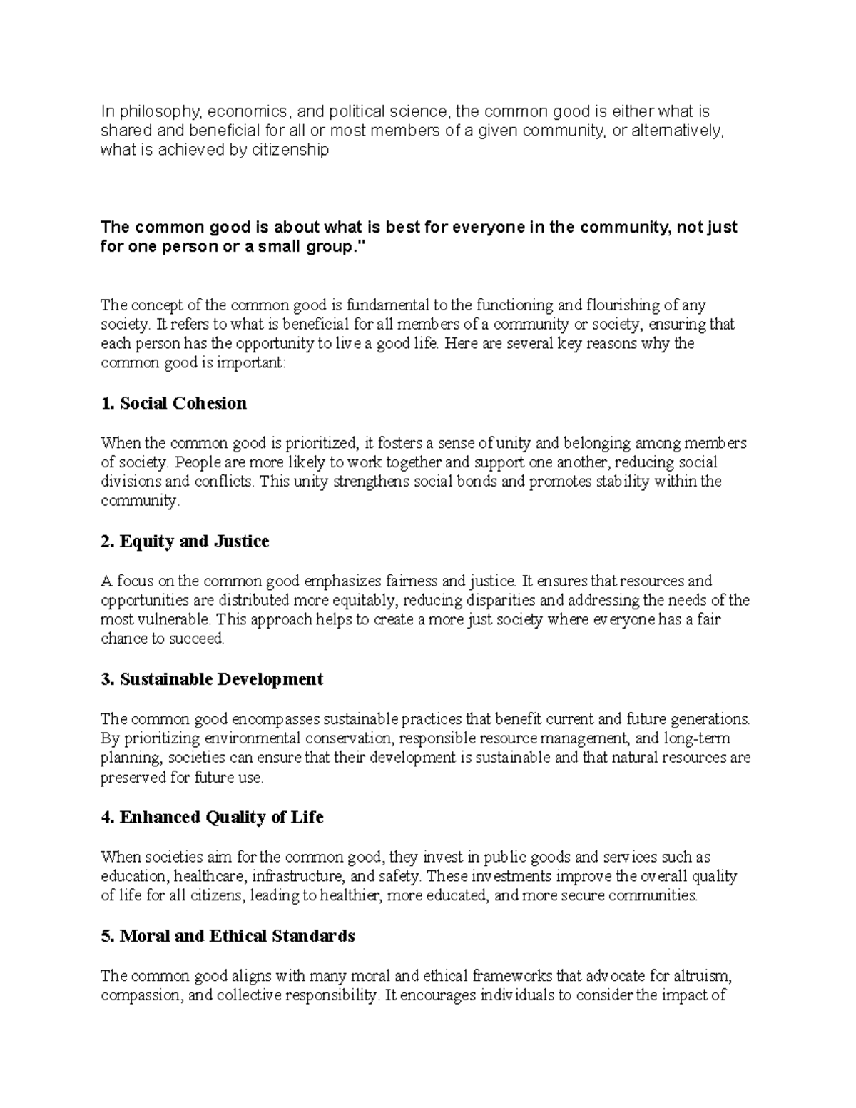ESP 9 The Importance of the Common Good in Society - Studocu