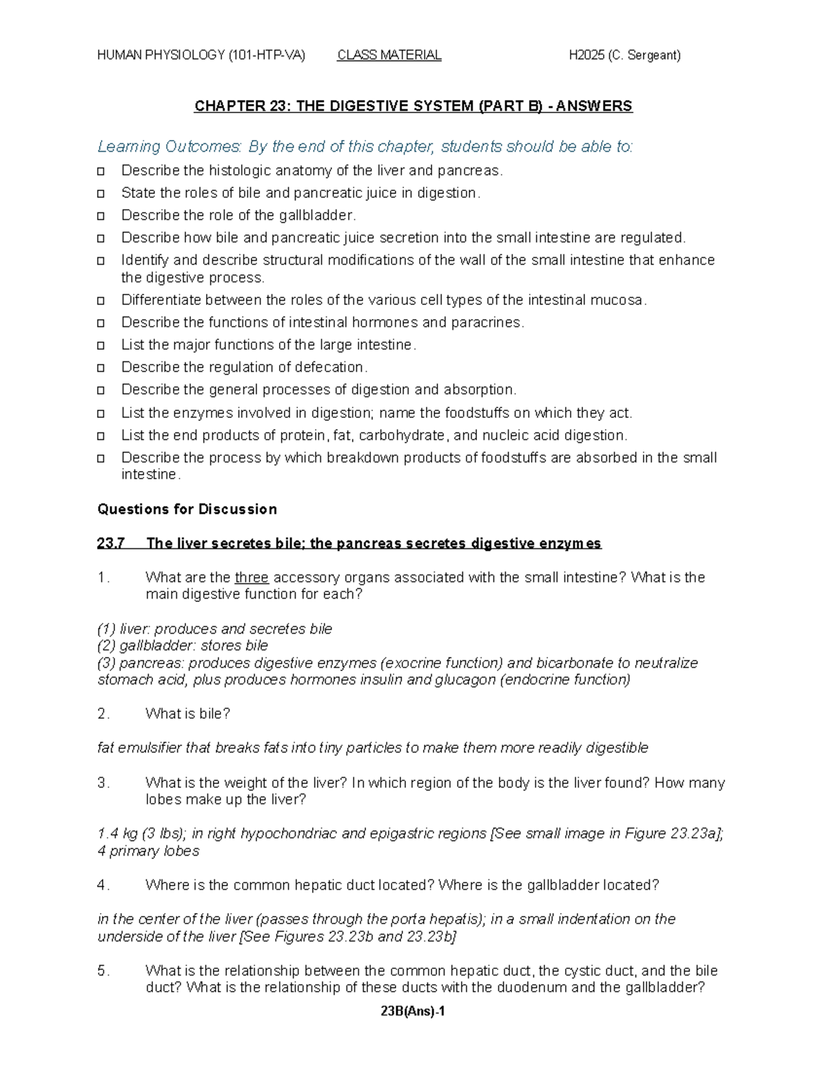 HUMAN PHYSIOLOGY CLASS MATERIAL H2025 (C. Sergeant) CHAPTER 23 ...