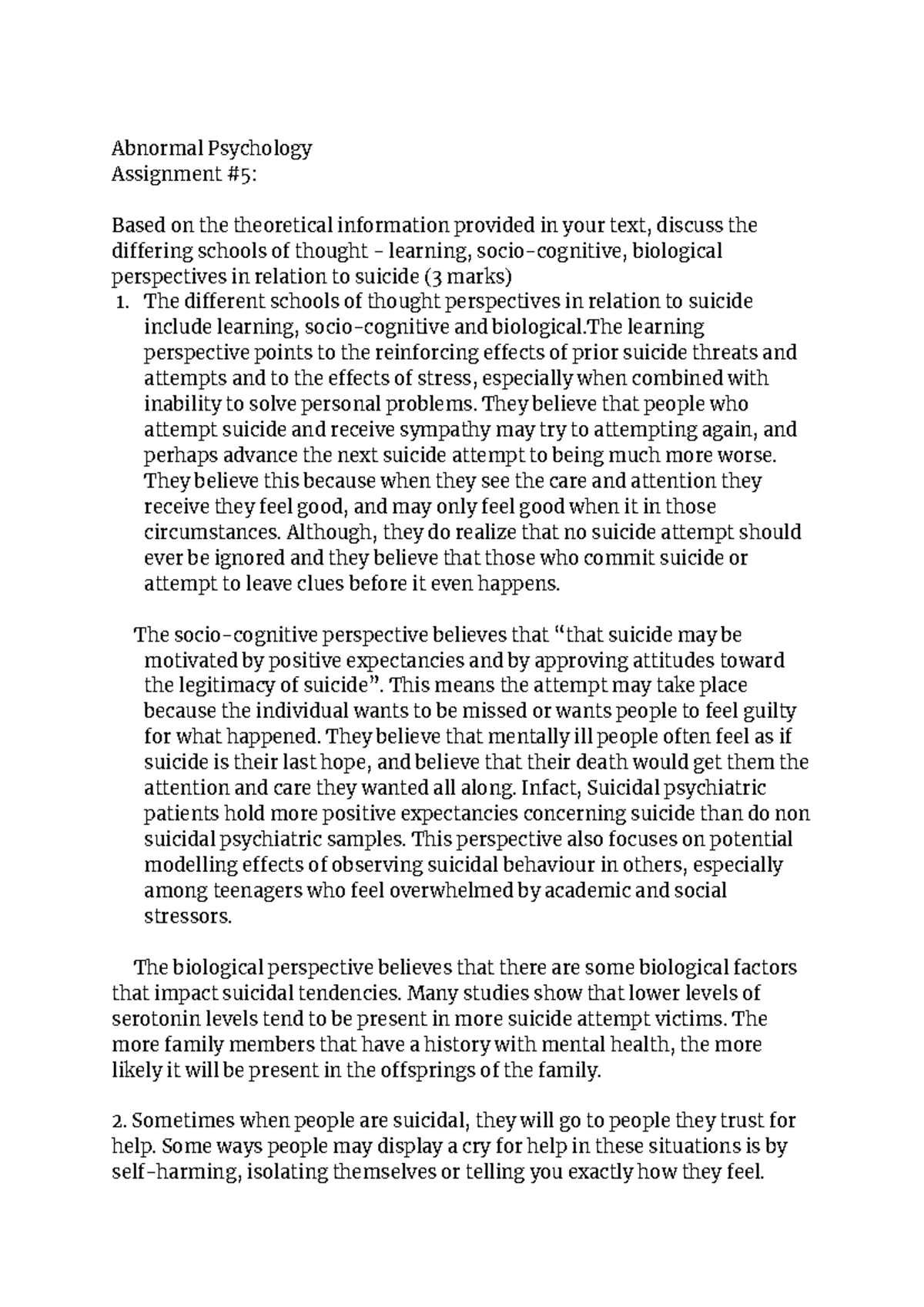Suicide assignment - Abnormal Psychology Assignment #5: Based on the ...