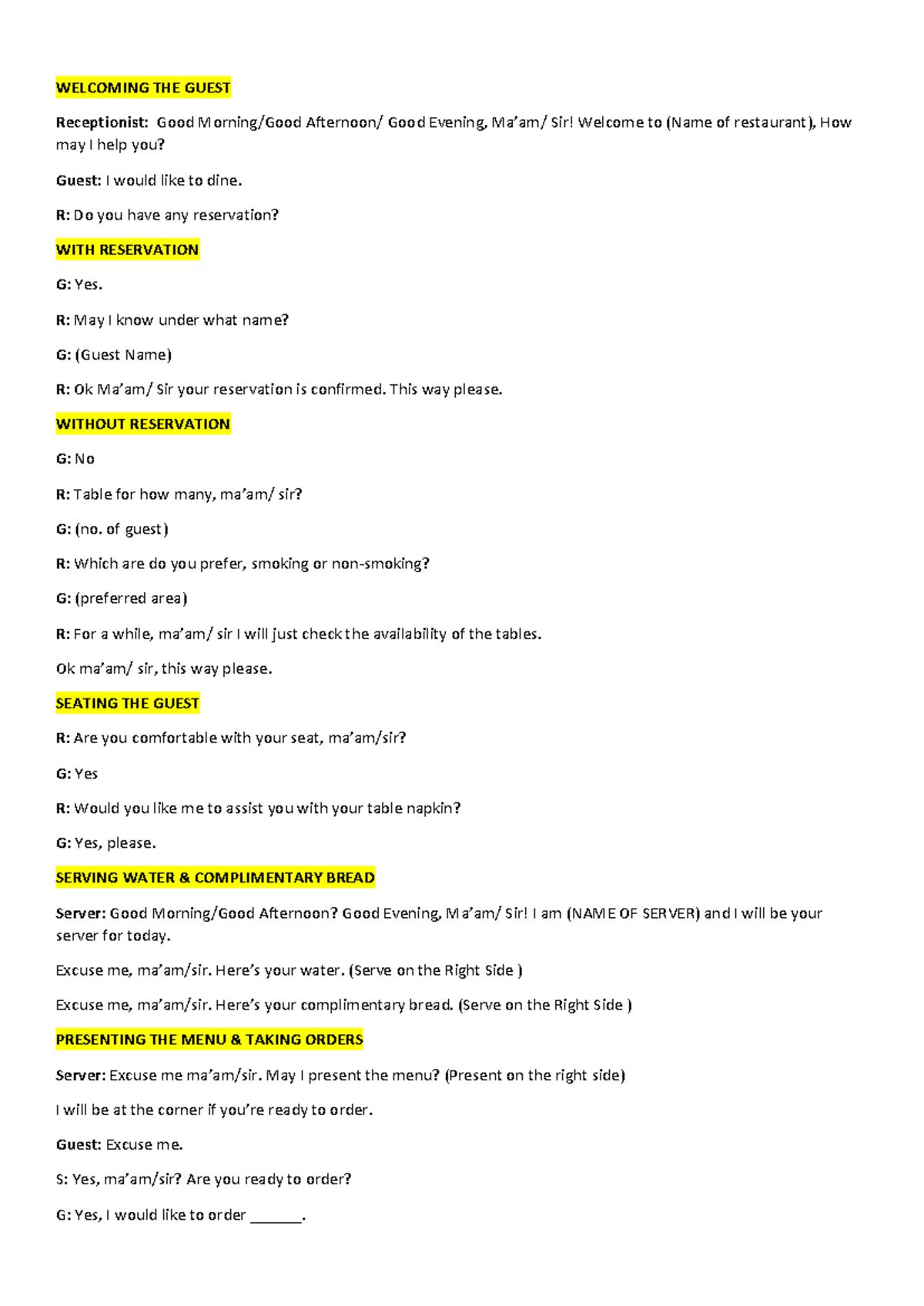 FBS - Restaurant Guest Reception and Service Script - Studocu