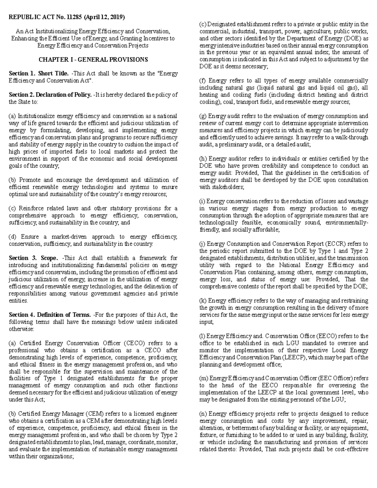 RA 11285: Energy Efficiency and Conservation Act Overview and ...