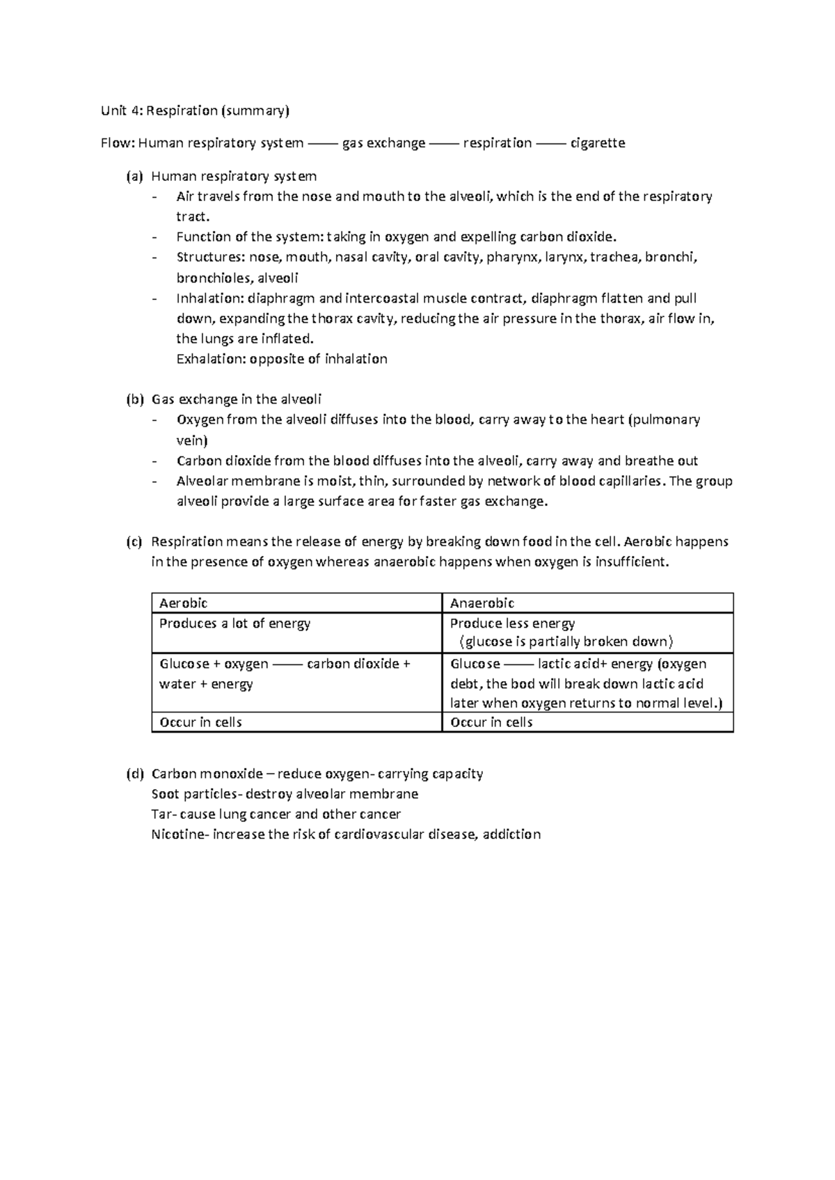 Unit 4: Respiration - Summary & Key Concepts for Quick Revision - Studocu